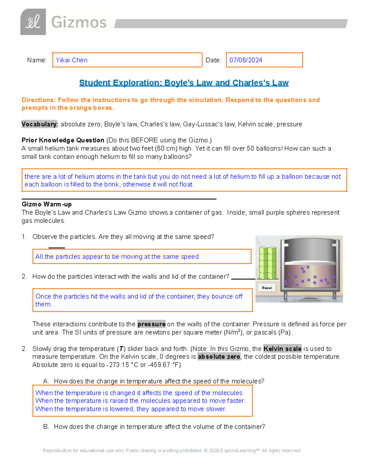Boyle's and Charles' Laws Gizmos Lab - Name: Yikai Chen Date: 07/06 ...