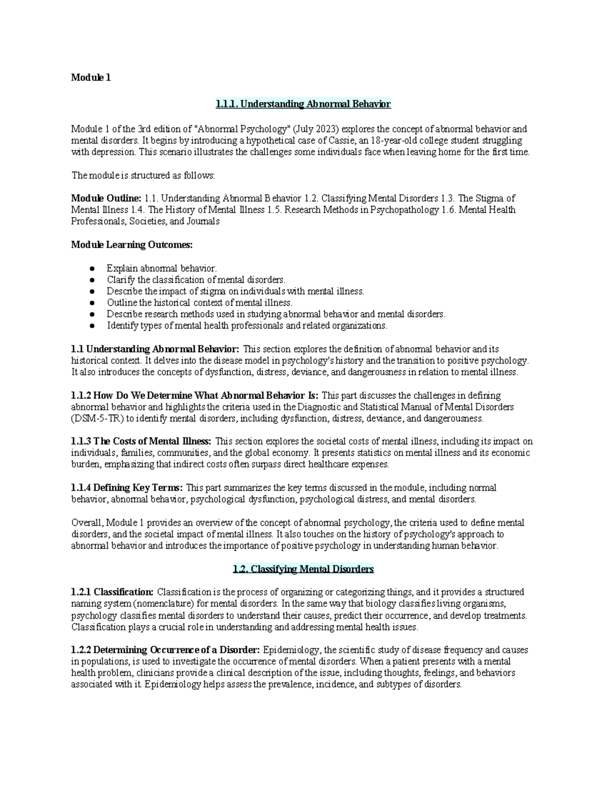 Module 1,2,3,4,7 - Module 1 1.1. Understanding Abnormal Behavior Module ...