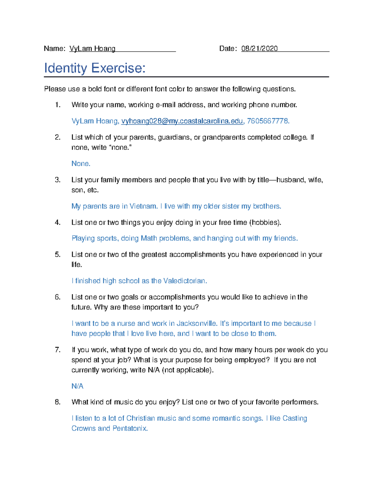 Identity Exercise Assignment - Name: VyLam Hoang Date: 08/21/ Identity ...