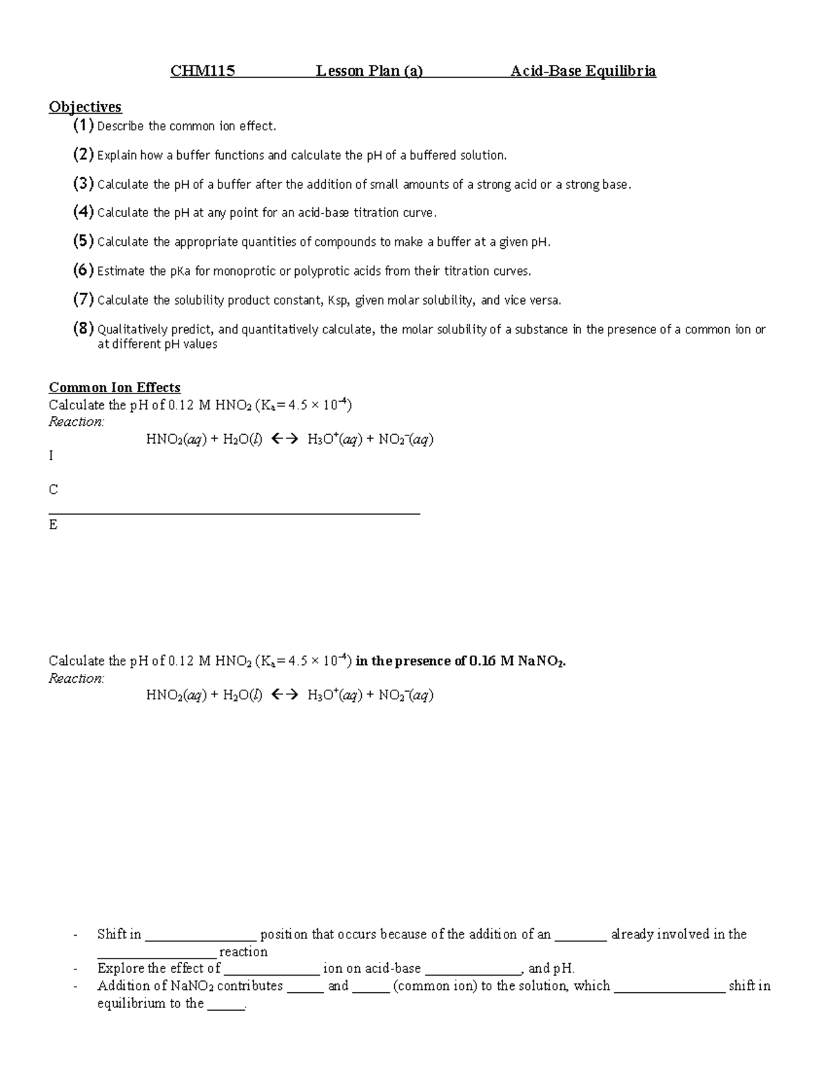 Ch 18 Acid Base and Solubility Equilibria Lesson Plan FA2024 - CHM115 ...