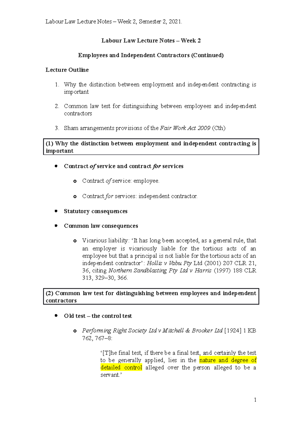 Week-2 - lecture outline + key passages from cases - Labour Law Lecture ...