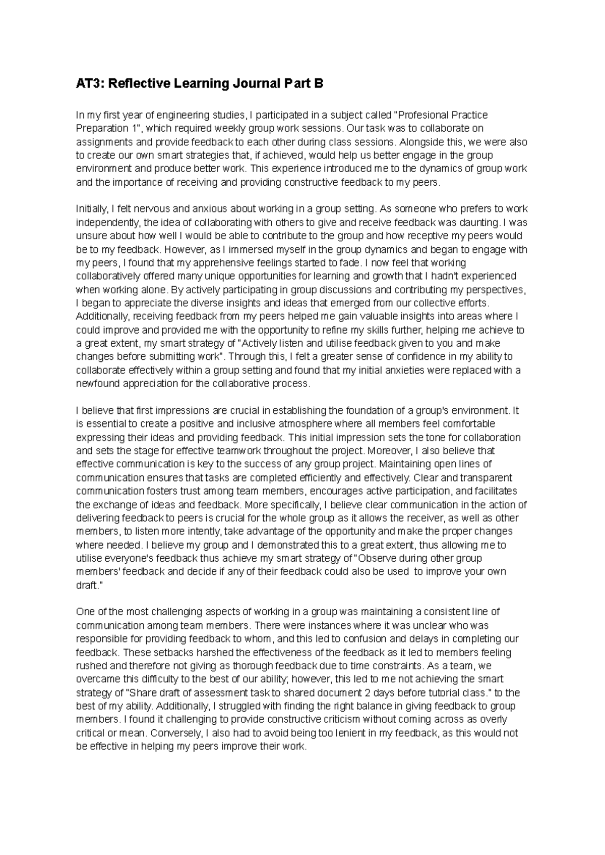 AT3 Reflective Learning Journal Part B - Our task was to collaborate on ...