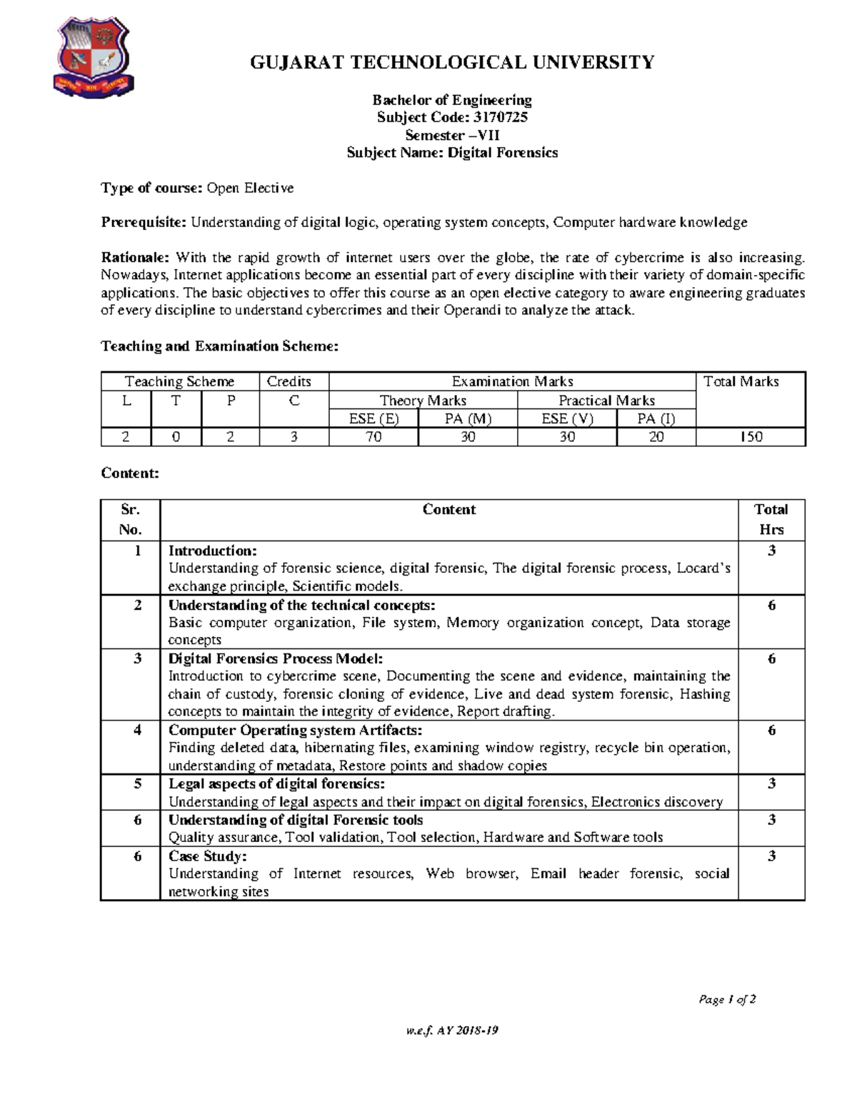 Digital forensics - syllabus - GUJARAT TECHNOLOGICAL UNIVERSITY Bachelor of Engineering Subject ...
