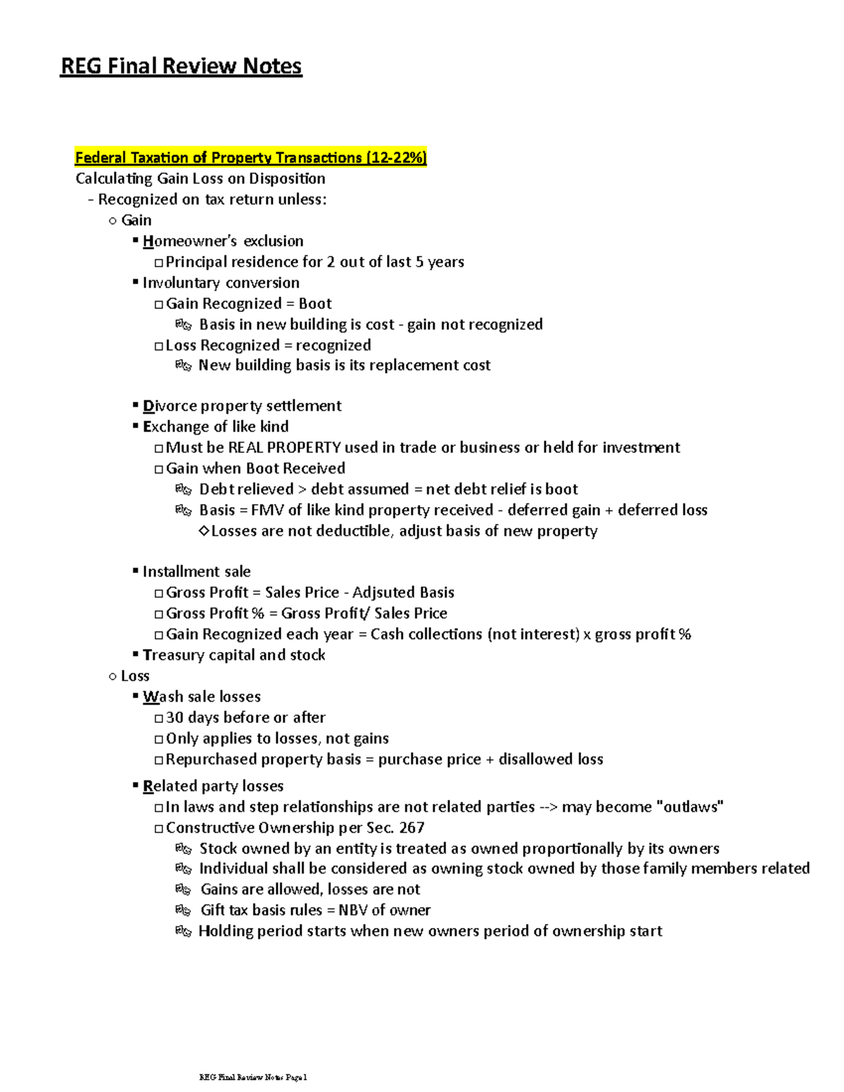REG study guide #2 - REG Final Review Notes Federal Taxation of ...