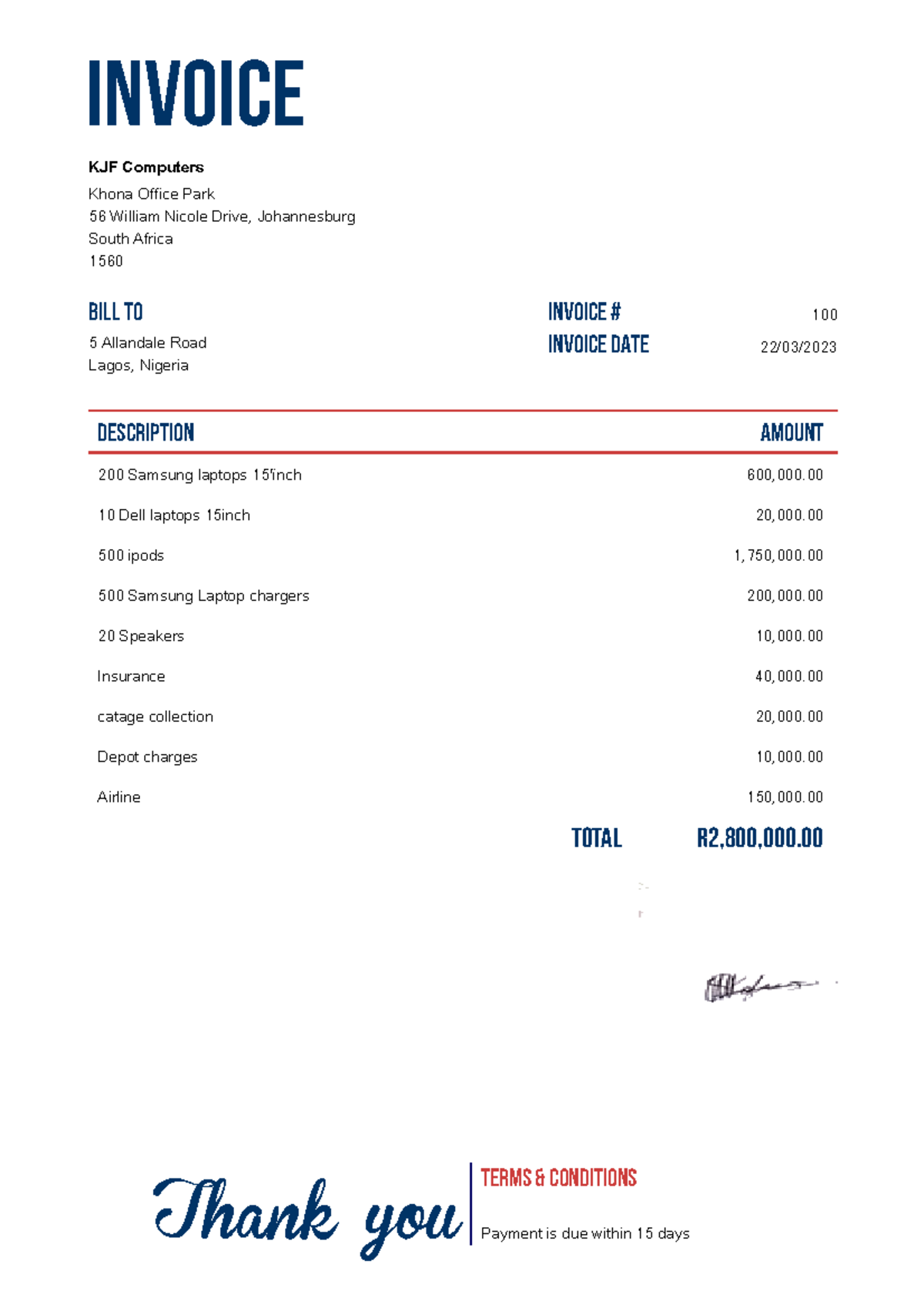 Example of an invoice - Invoice KJF Computers Khona Office Park 56 ...