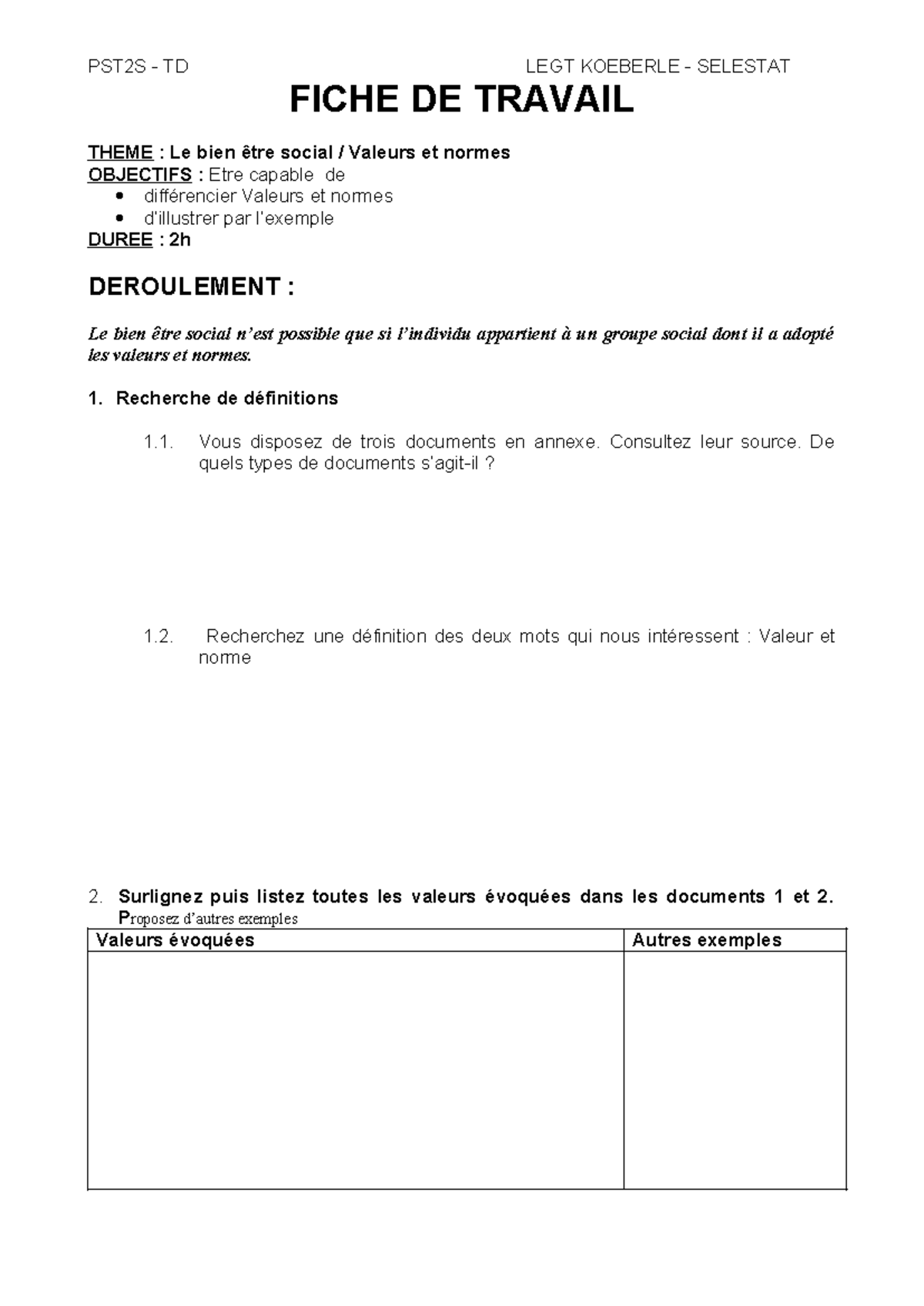 Fiche de travail normes et valeurs - FICHE DE TRAVAIL THEME : Le bien ...