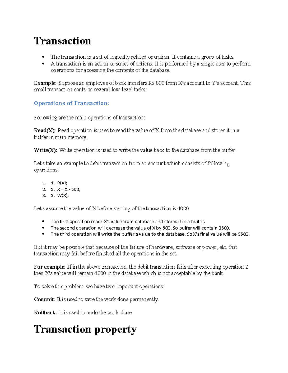 Unit 4 dbms - Transaction The transaction is a set of logically related operation. It contains a ...