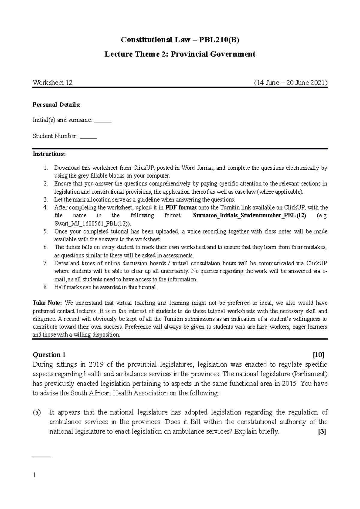Worksheet 12 - Click UP - Constitutional Law – PBL210(B) Lecture Theme ...