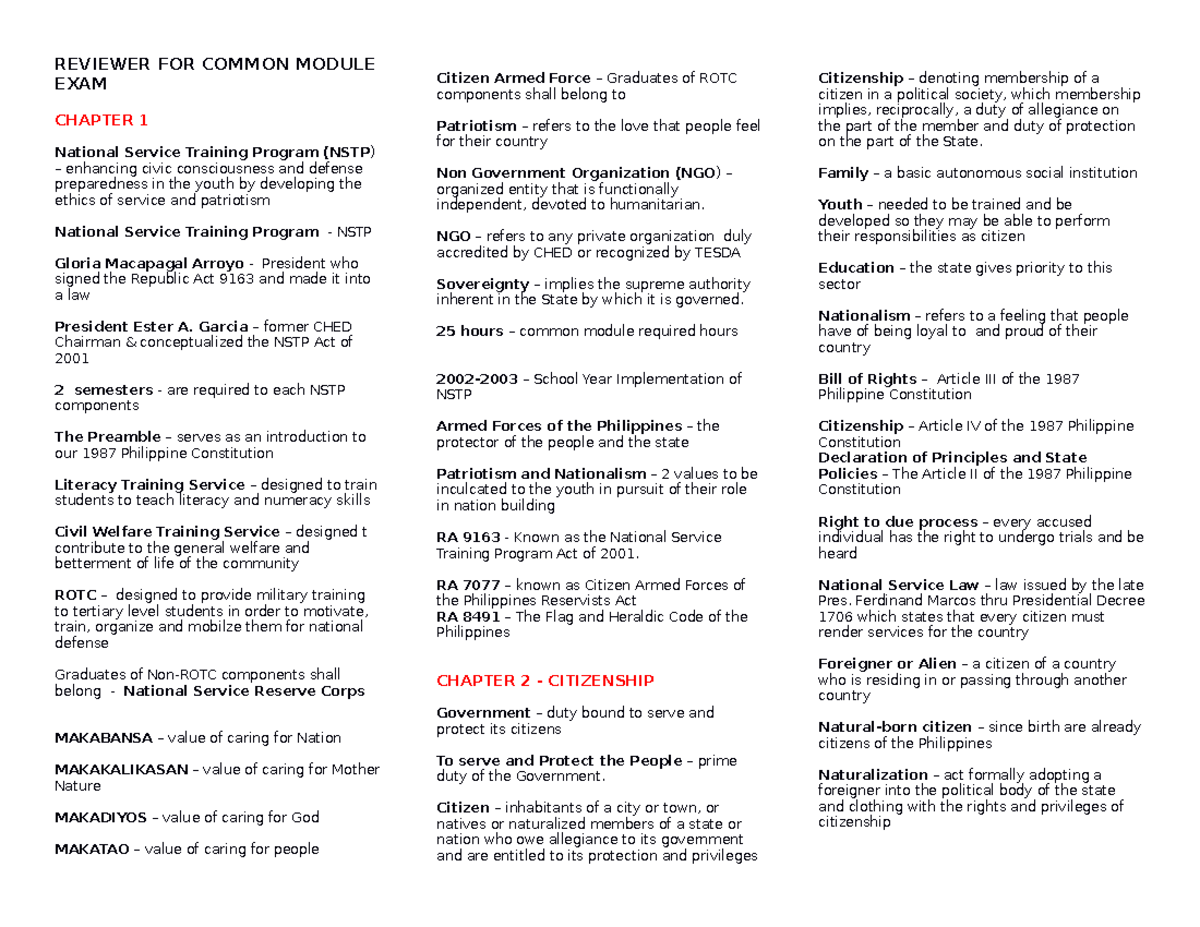 NSTP - ggggggglllllll - REVIEWER FOR COMMON MODULE EXAM CHAPTER 1 ...