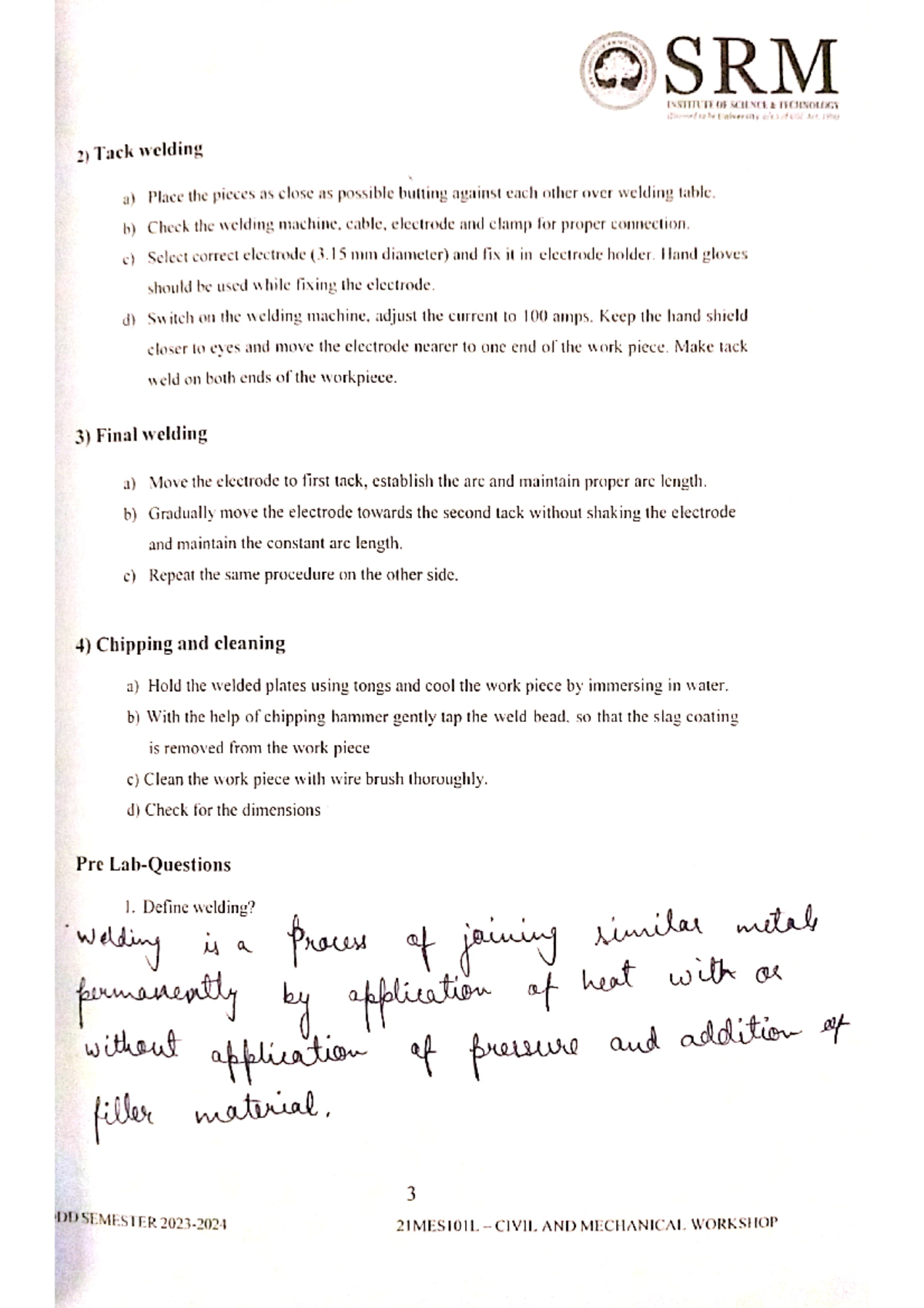 Civil Mechanical 4 SMAW 13 09 23 - Civil And Mechanical Engineering Workshop - Studocu