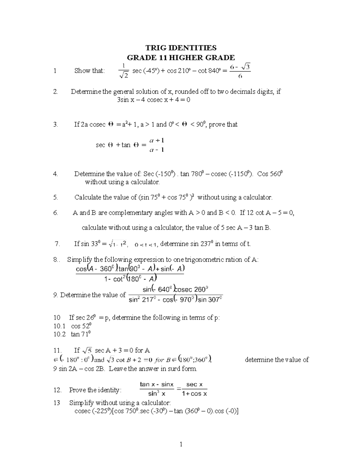 Grade 11 Trig Identities - TRIG IDENTITIES GRADE 11 HIGHER GRADE 1 Show ...