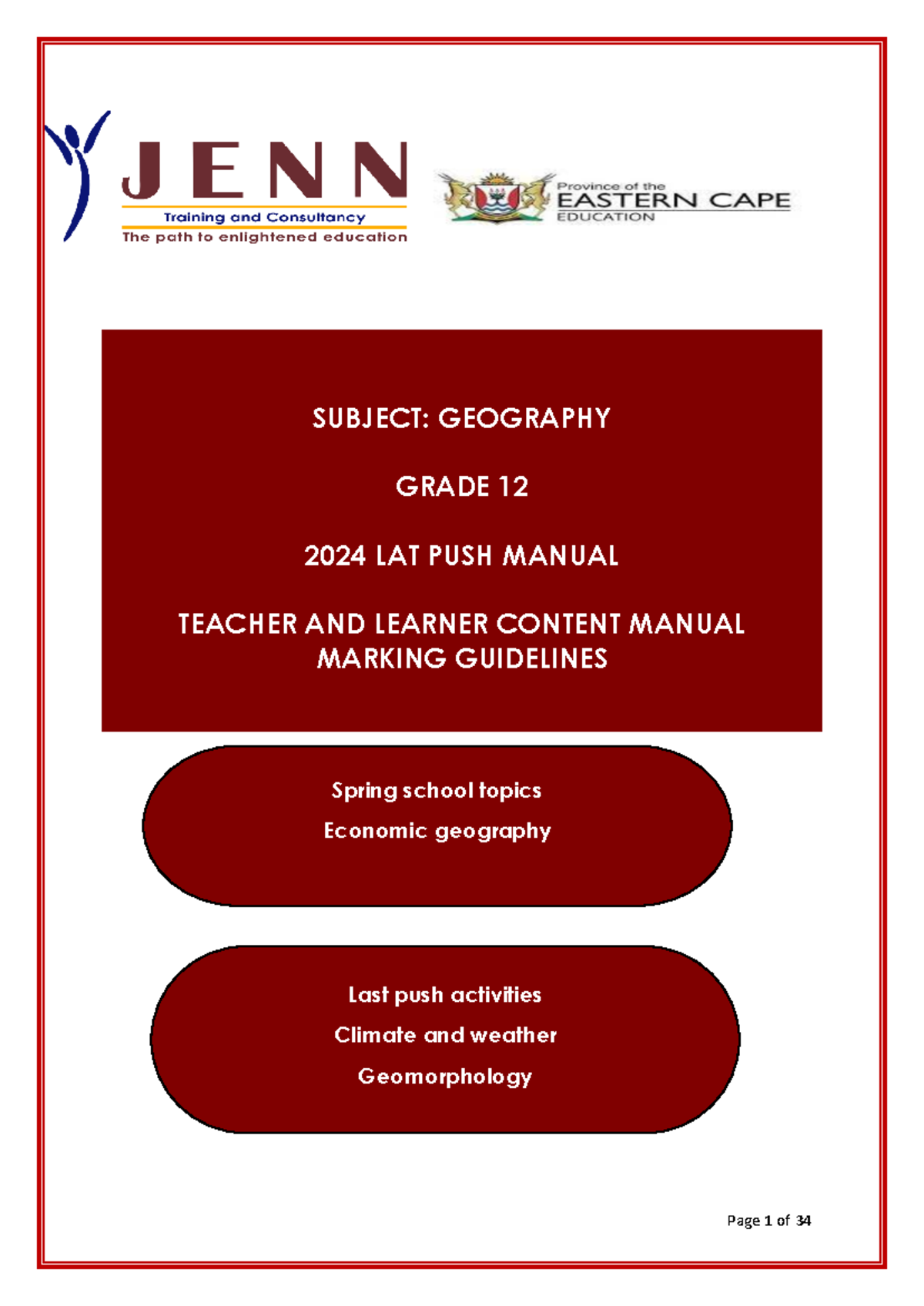 Geography Spring conent manual MEMO - SUBJECT: GEOGRAPHY GRADE 12 2024 ...