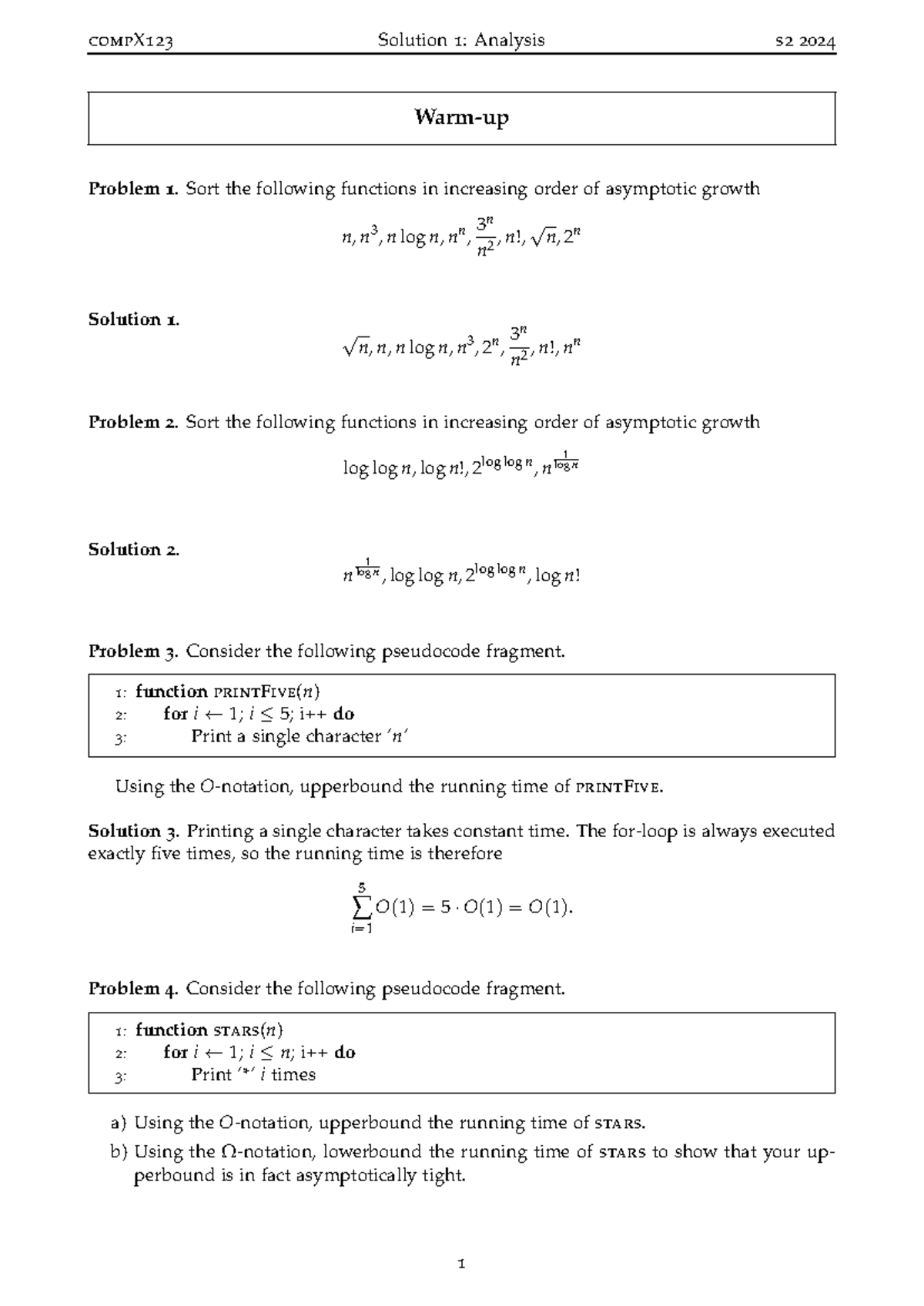 Tutorial 1 Analysis Warm Up Problem 1 Sort The Following Functions In Increasing Order Of 6593