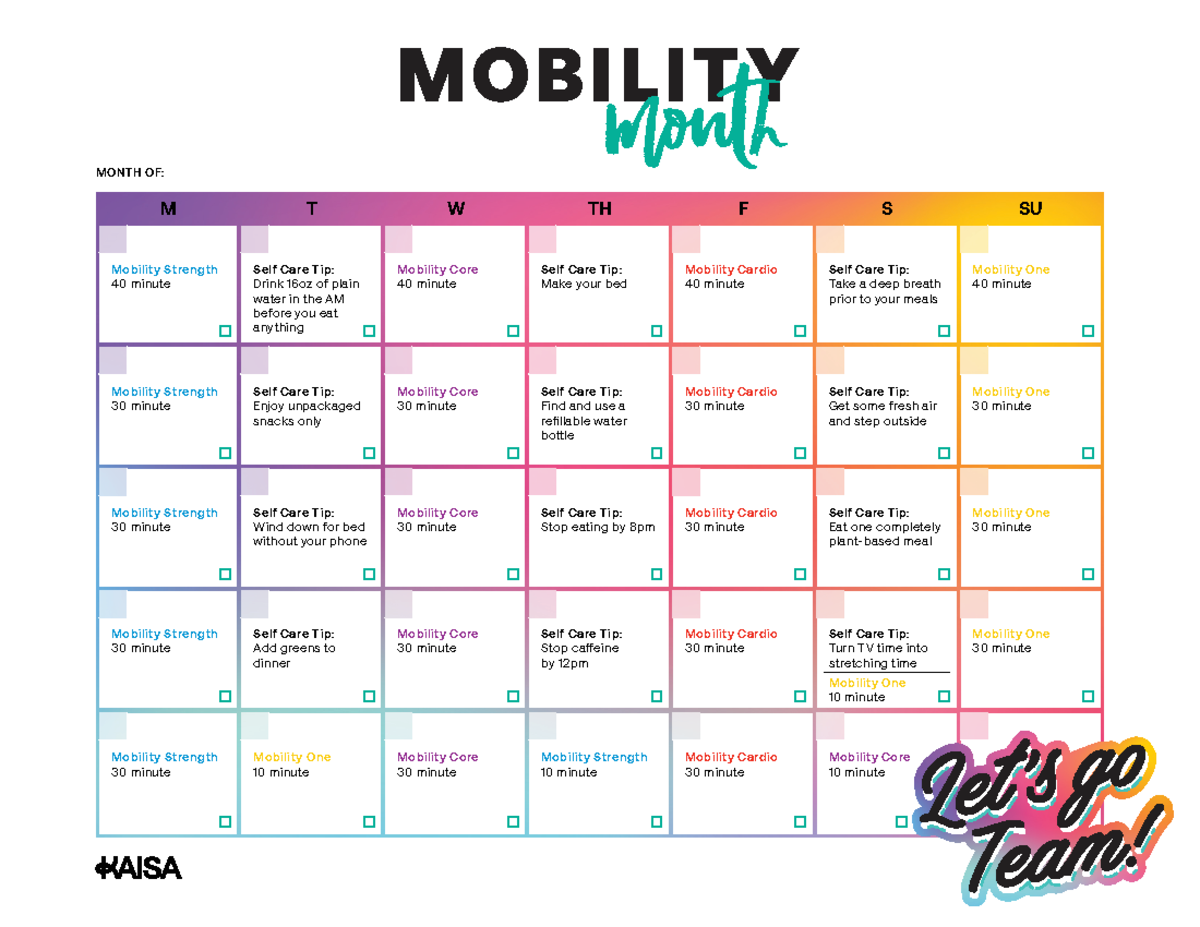 Kaisa Mobility Month Programming Calendars - M SU MONTH OF: Mobility ...