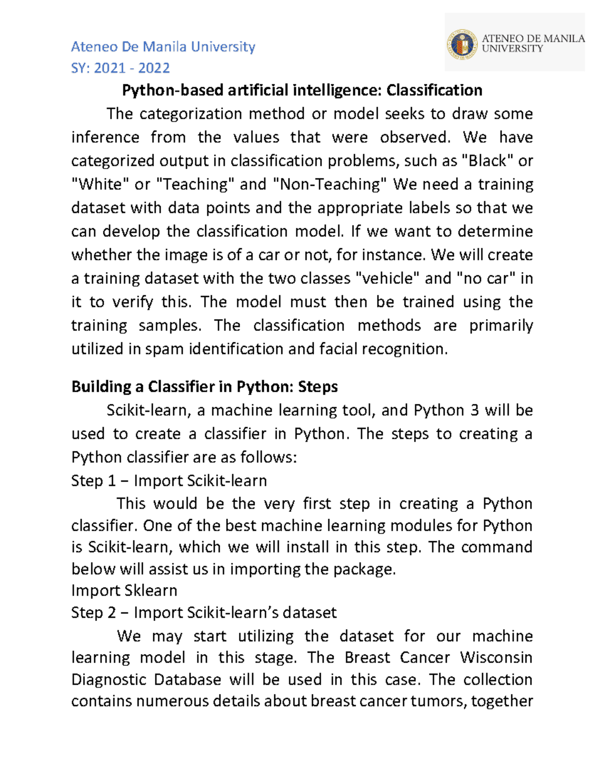 Python based Artificial Intelligence Classification - SY: 2021 - 2022 Python-based artificial ...