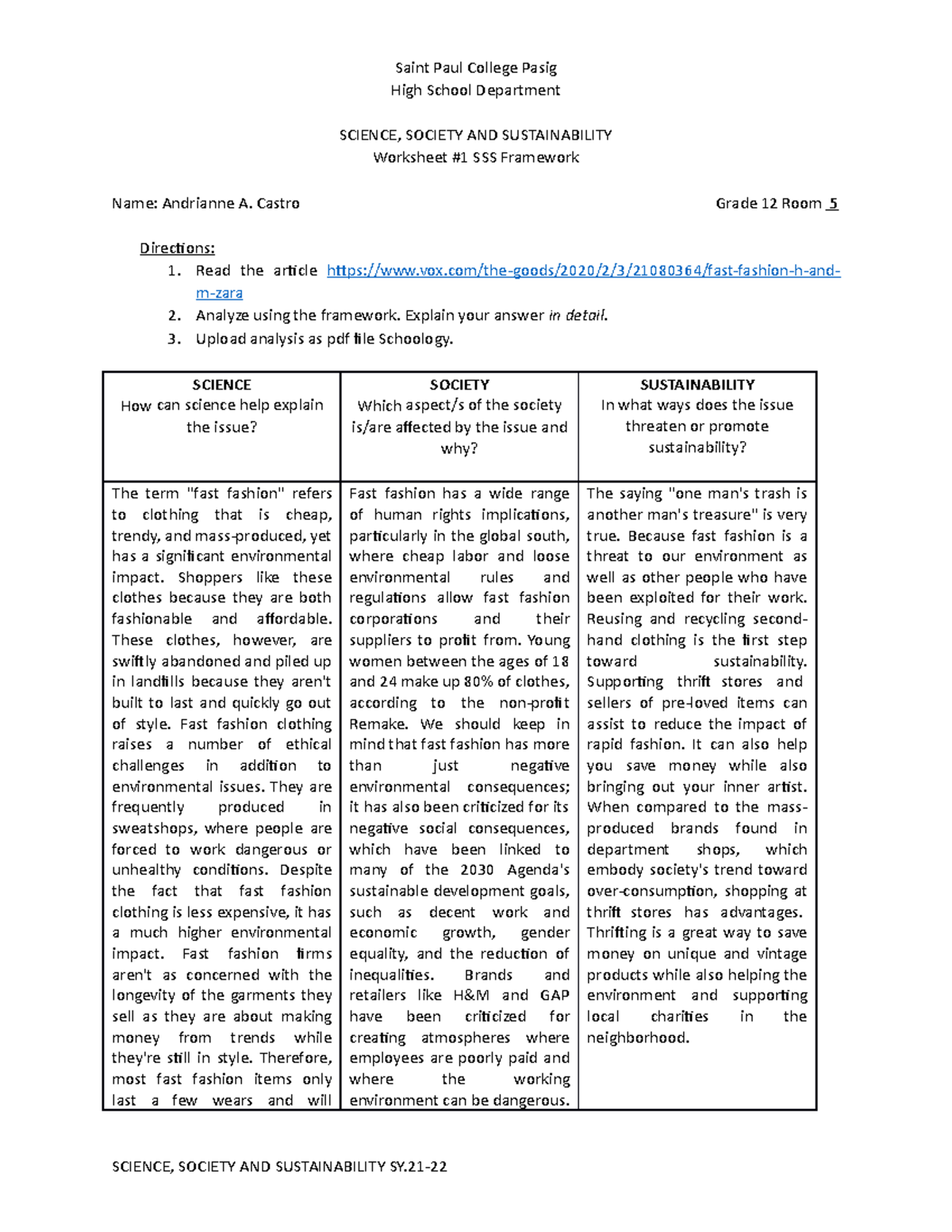 SSS framework worksheet - Saint Paul College Pasig High School ...