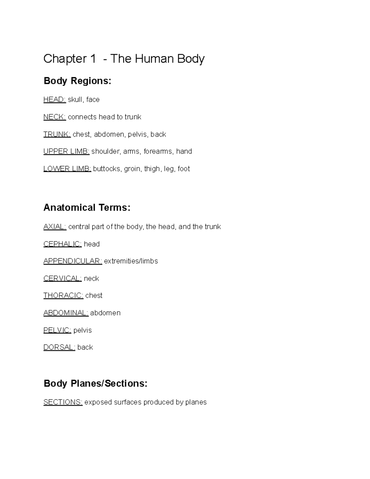 Chapter 1 Notes - Chapter 1 - The Human Body Body Regions: HEAD: skull ...