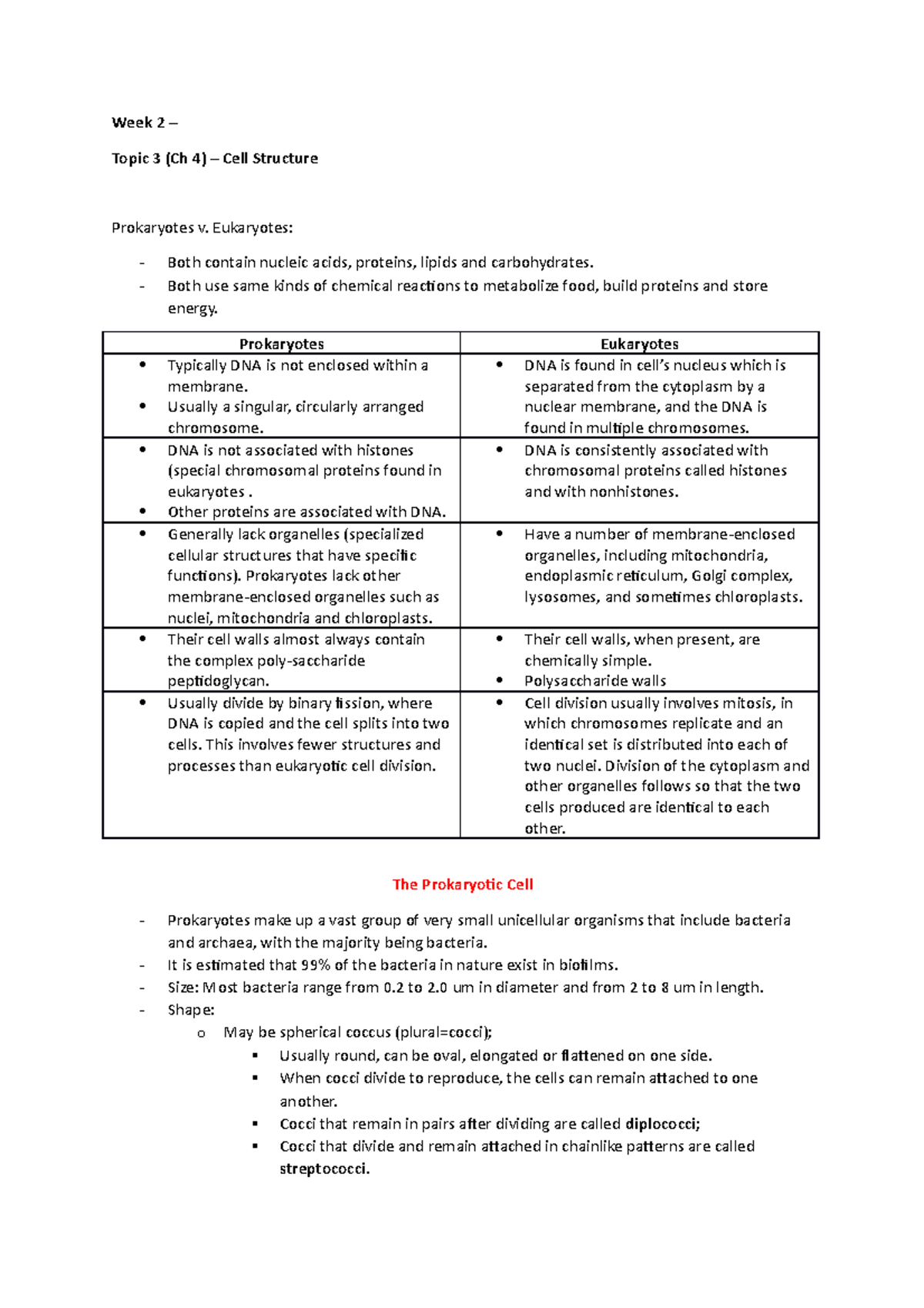 Week 2 Summary - Cell structure & metabolism - Week 2 – Topic 3 (Ch 4 ...