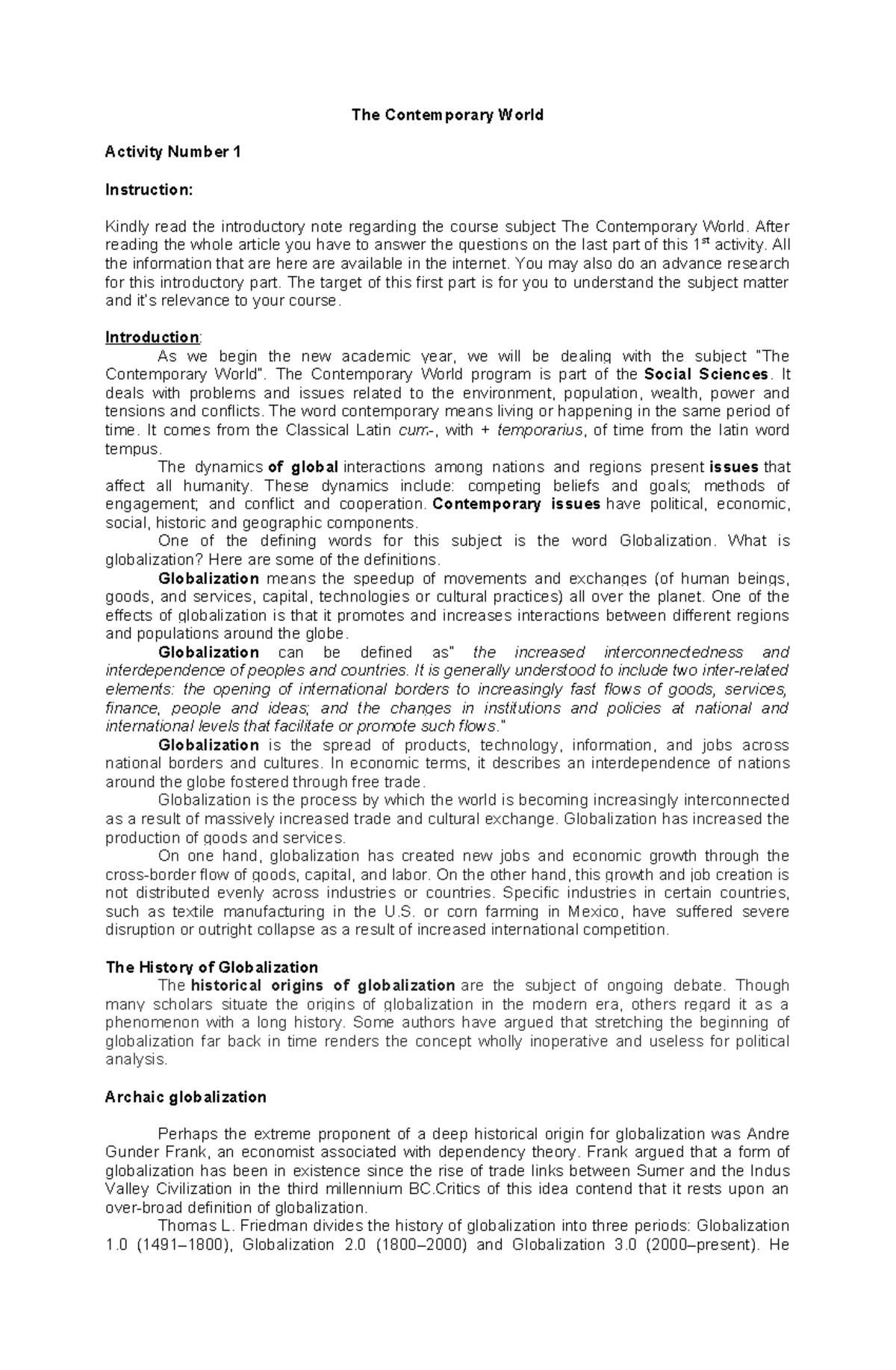Activity # 1 The Contemporary World - The Contemporary World Activity ...