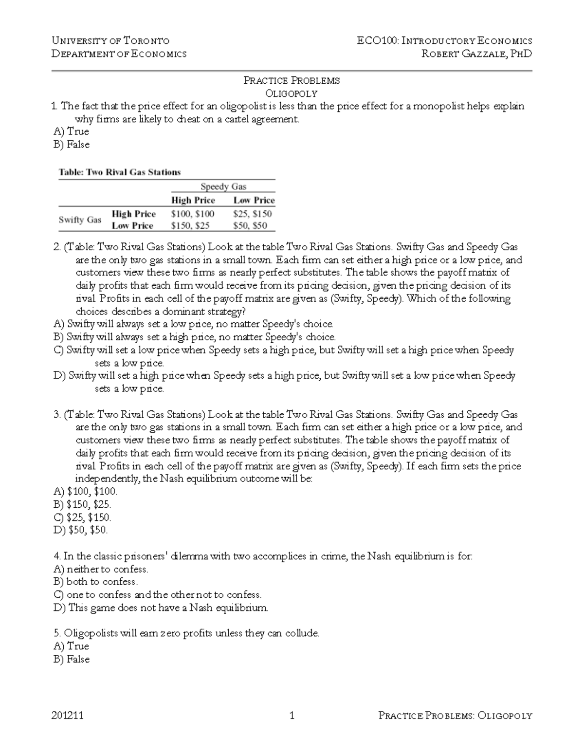 ECO101 - Oligopoly Practice Problems (MCQ) - DEPARTMENT OF ECONOMICS ...