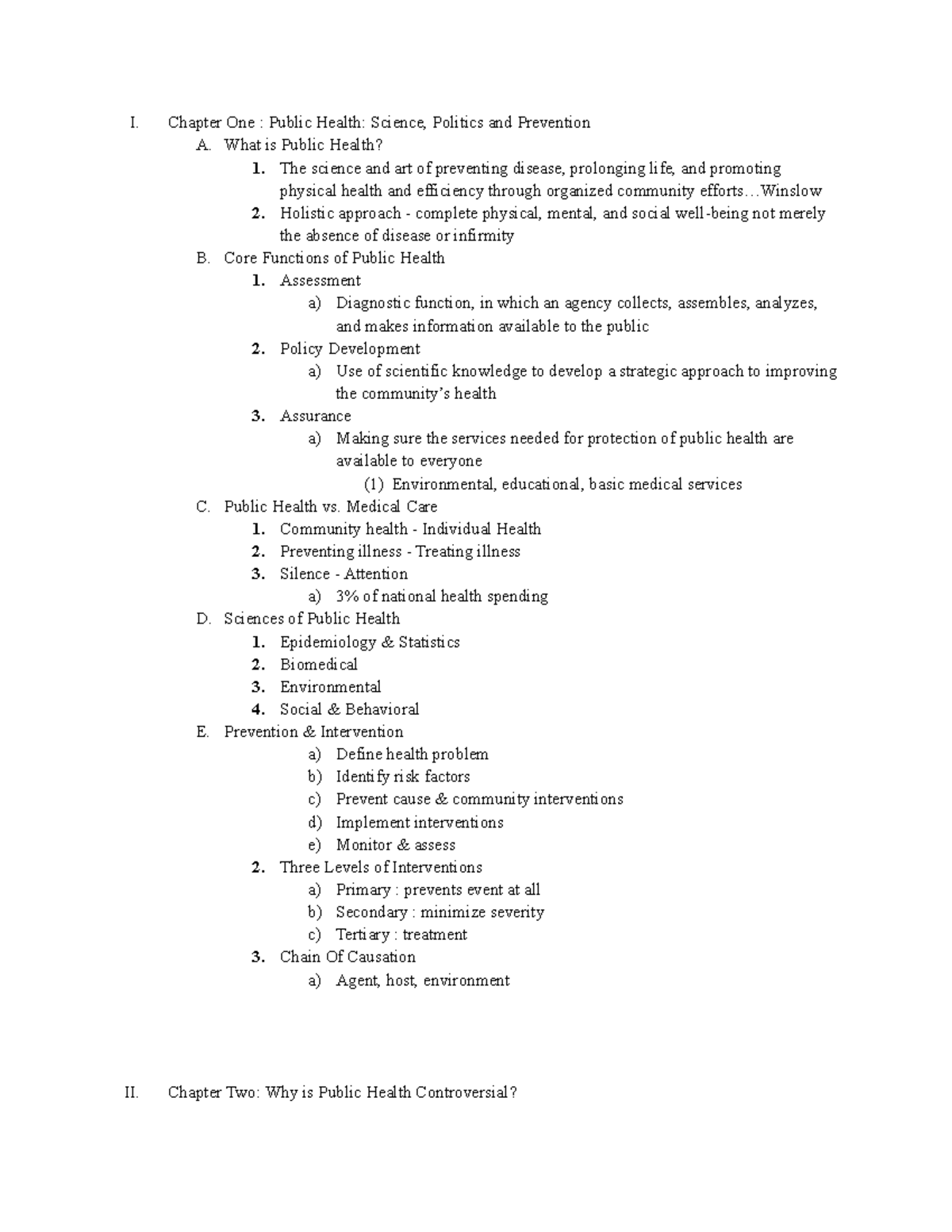 Test One Study Sheet - I. Chapter One : Public Health: Science ...
