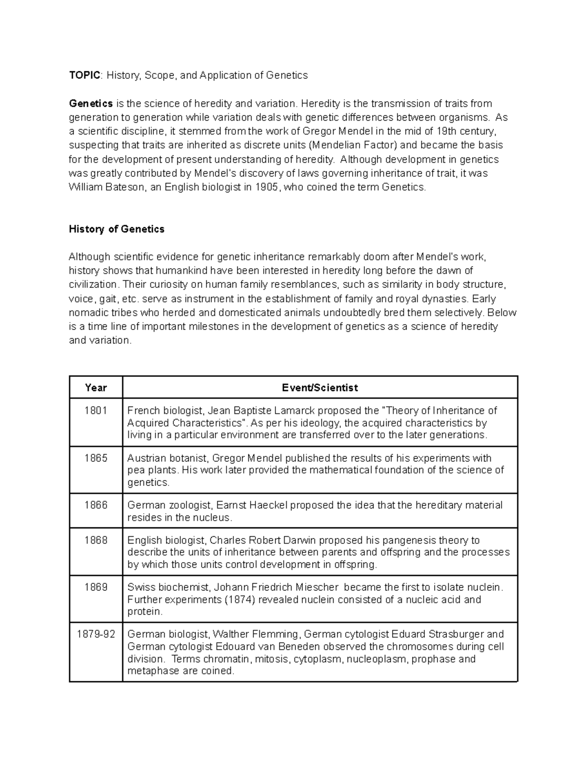 S-BIOL327 - Notes - TOPIC : History, Scope, and Application of Genetics ...