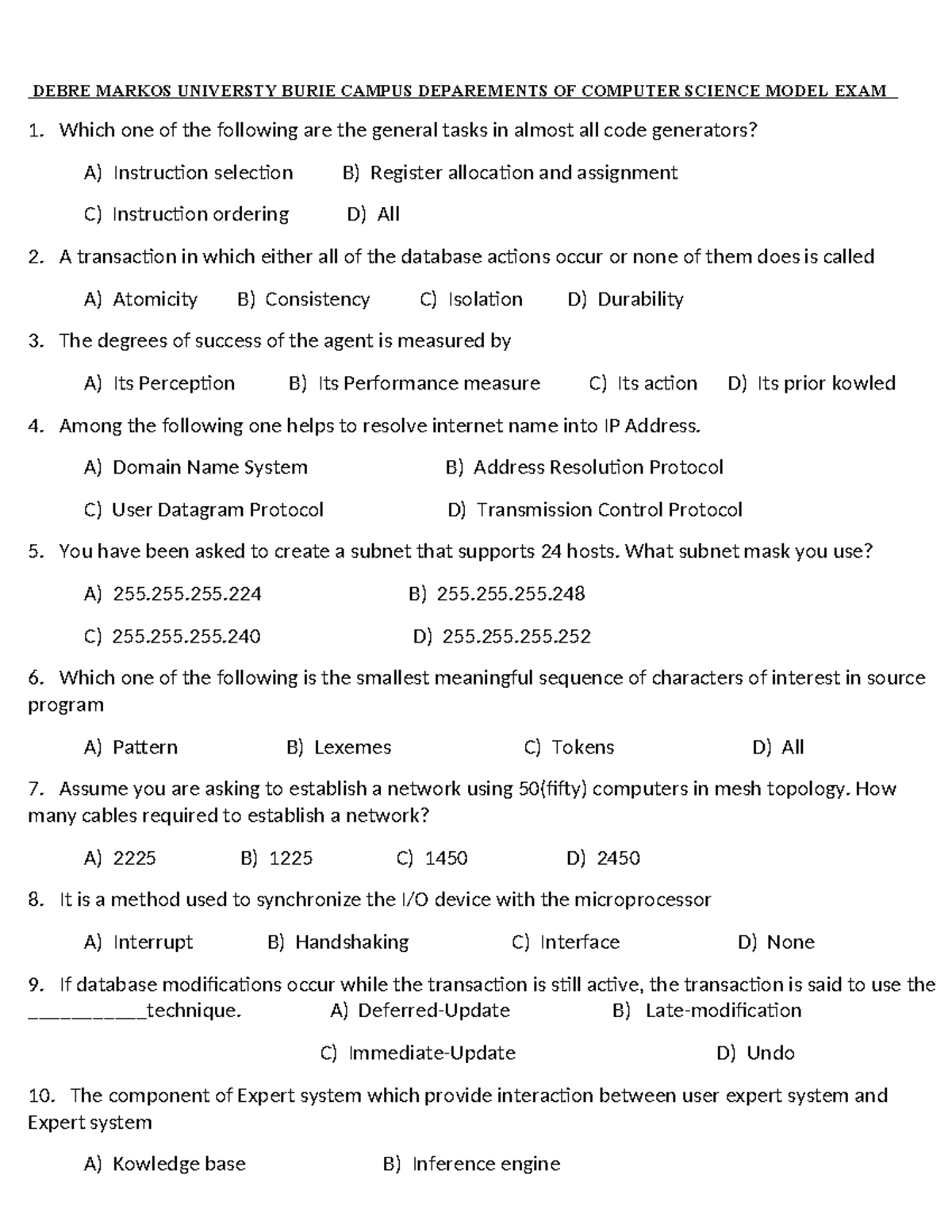 2015 model Exam - DEBRE MARKOS UNIVERSTY BURIE CAMPUS DEPAREMENTS OF ...