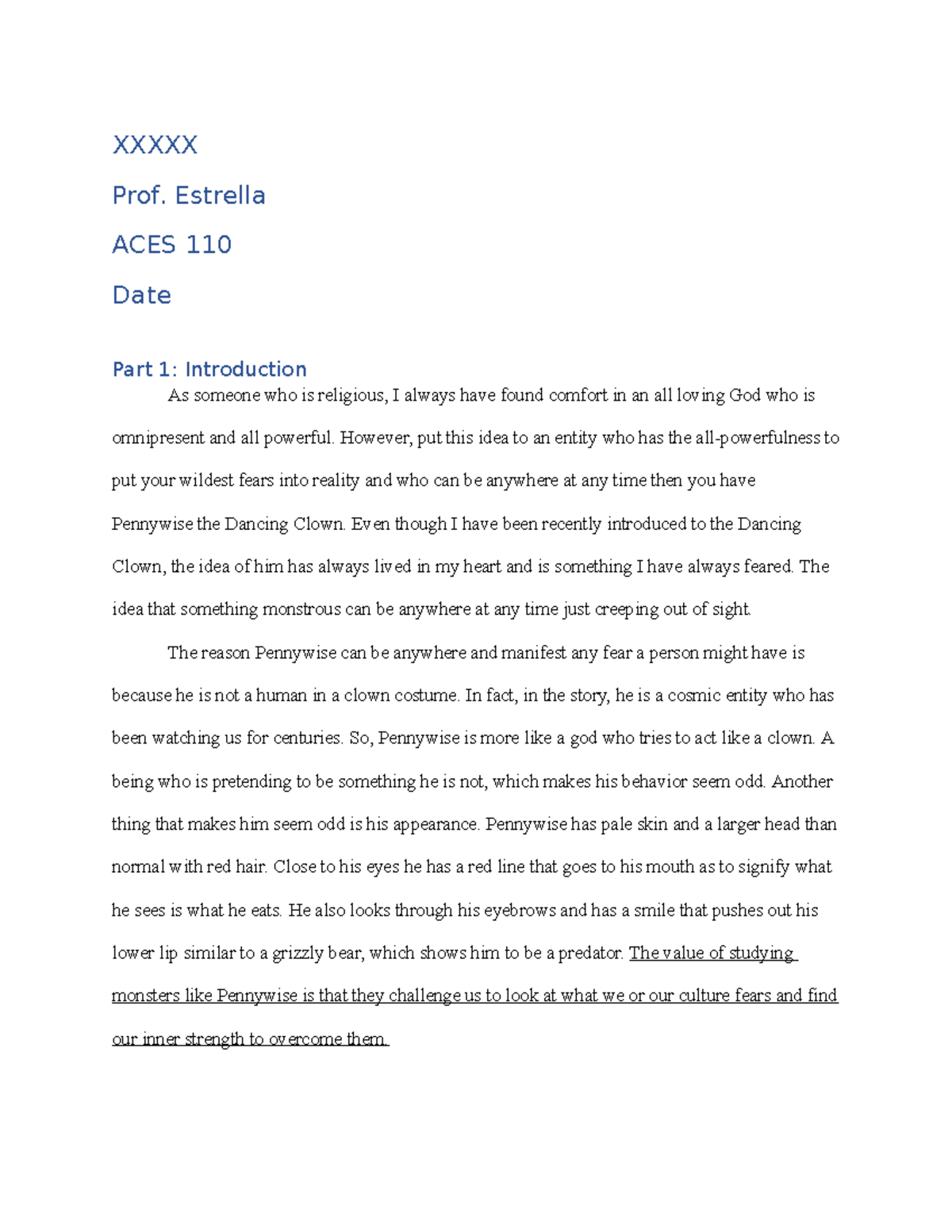 My Monster - Sample Paper #2 - Pennywise - XXXXX Prof. Estrella ACES ...