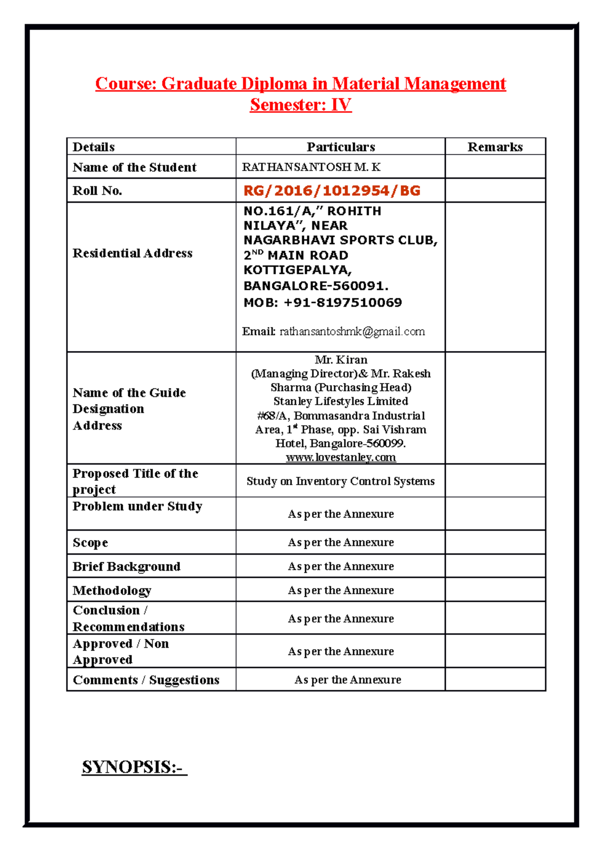 Project synopsis -Inventory Management - Course: Graduate Diploma in ...