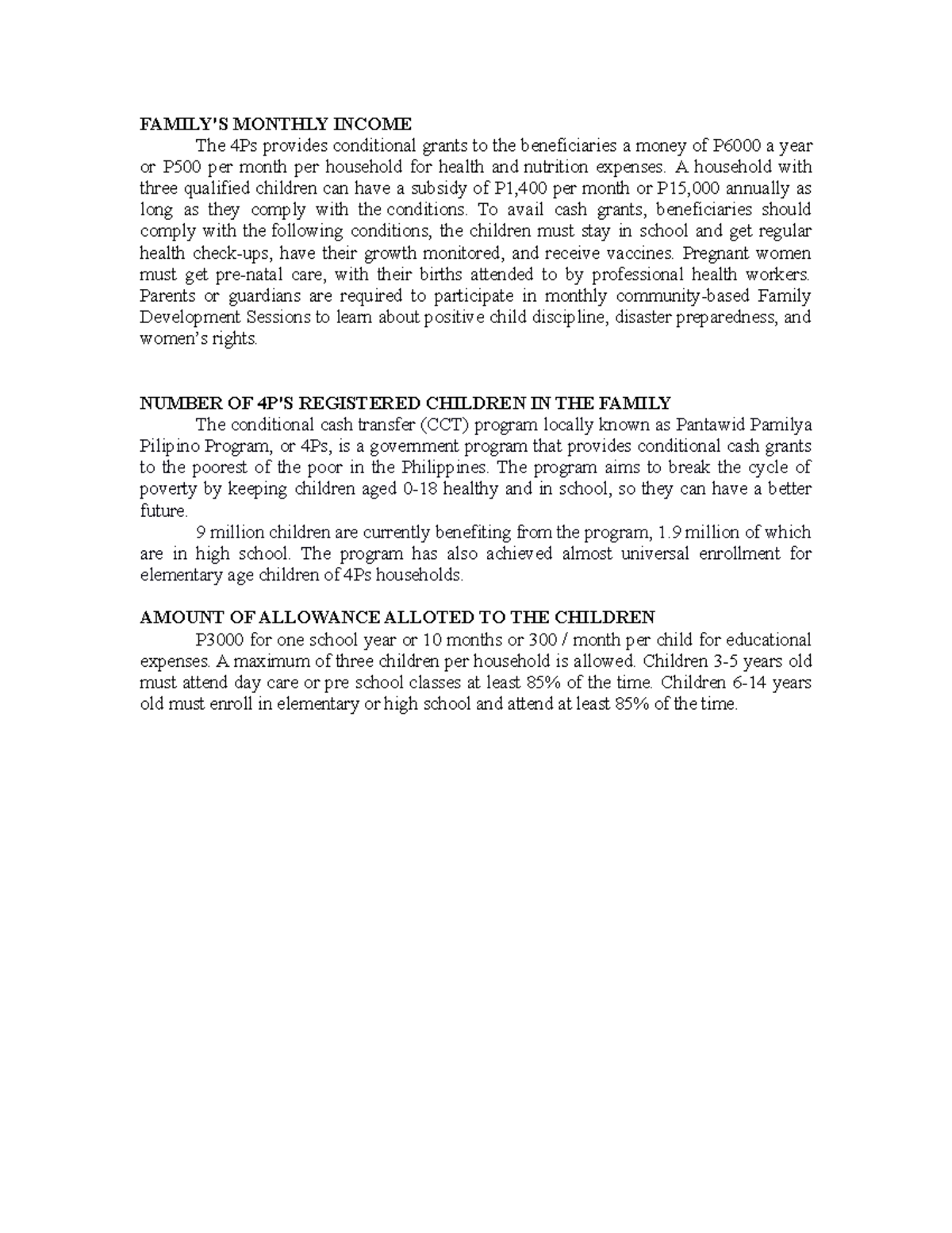 4PS - 4ps - FAMILY'S MONTHLY INCOME The 4Ps provides conditional grants ...