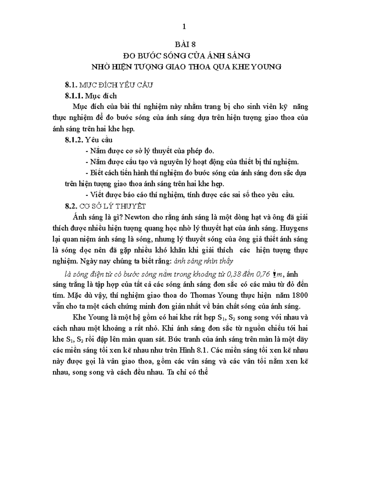 7. ĐO BƯỚC SÓNG CỦA ÁNH SÁNG NHỜ HIỆN TƯỢNG GIAO THOA QUA KHE Young - 1 ...