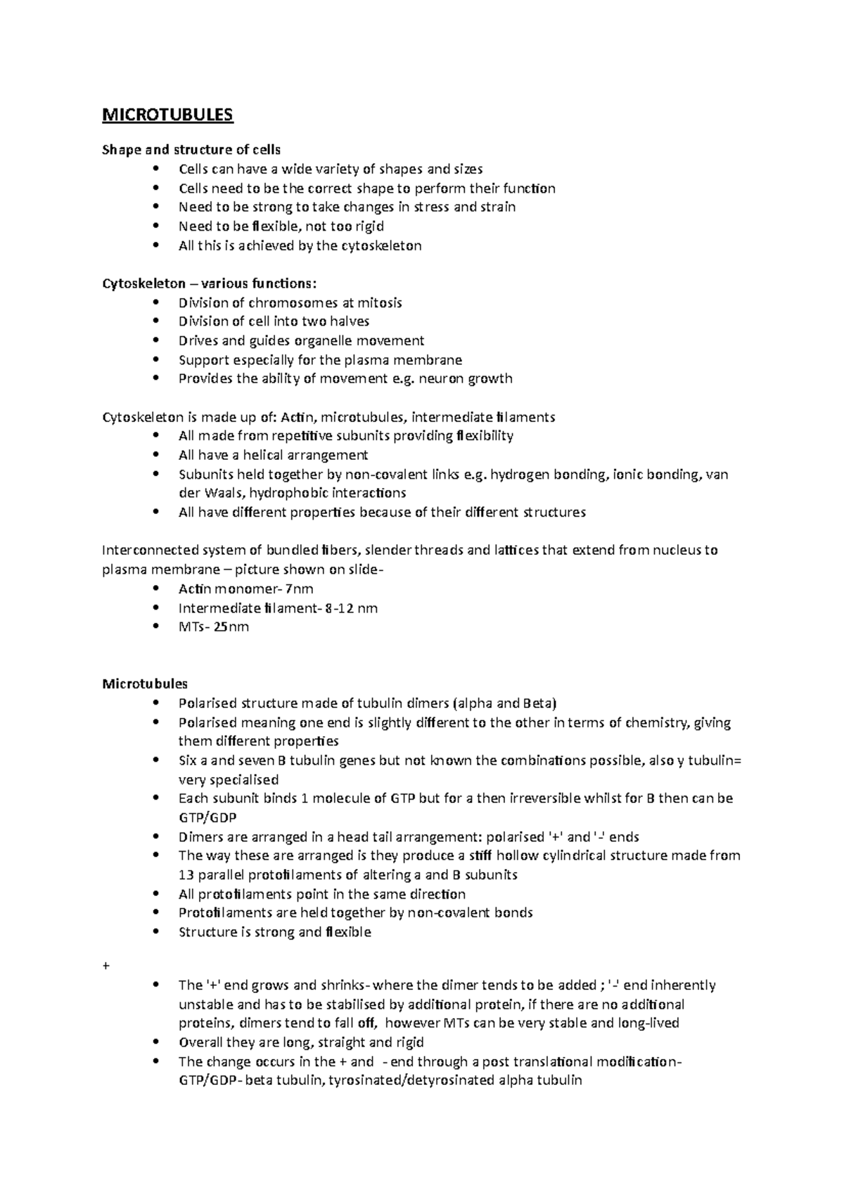 Cytoskeleton lectures - MICROTUBULES Shape and structure of cells - Studocu