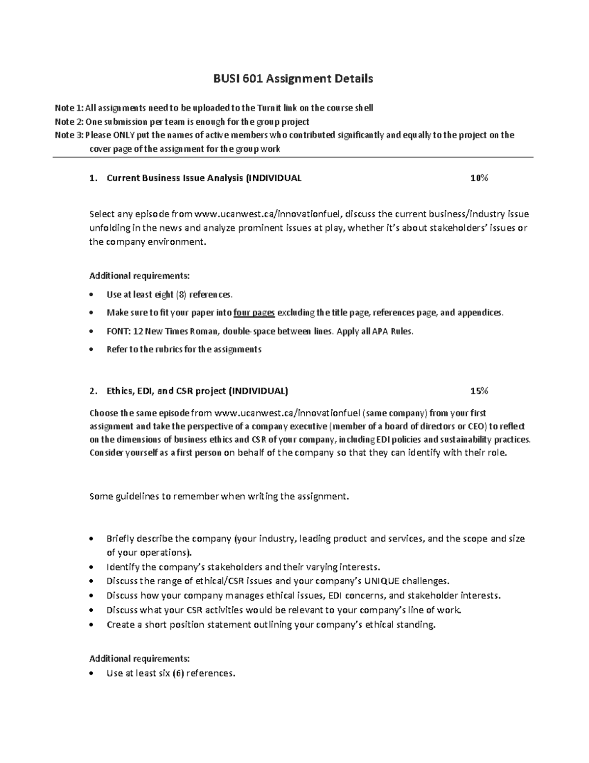 BUSI 601 Assignment Details - BUSI 601 Assignment Details Note 1: All ...
