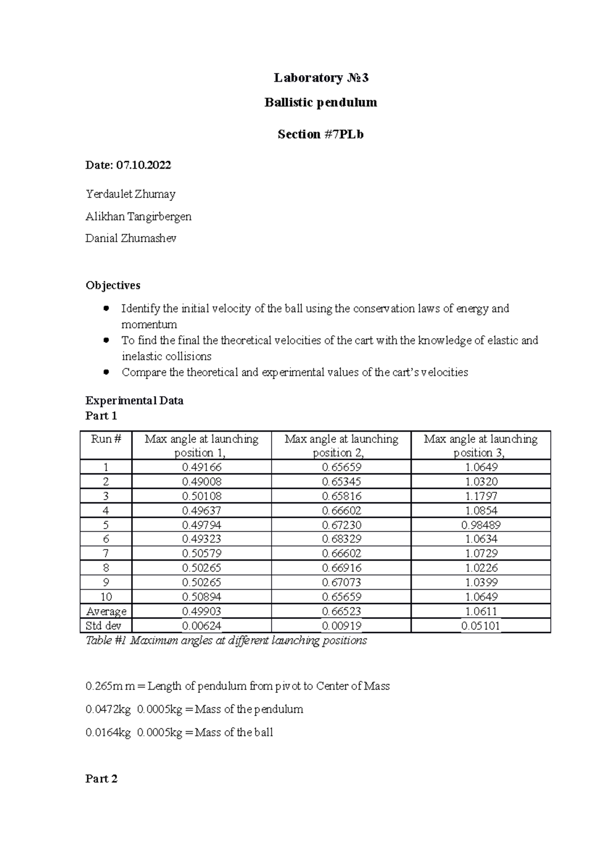Labka#3 - sdfsdf - Laboratory No Ballistic pendulum Section #7PLb Date ...
