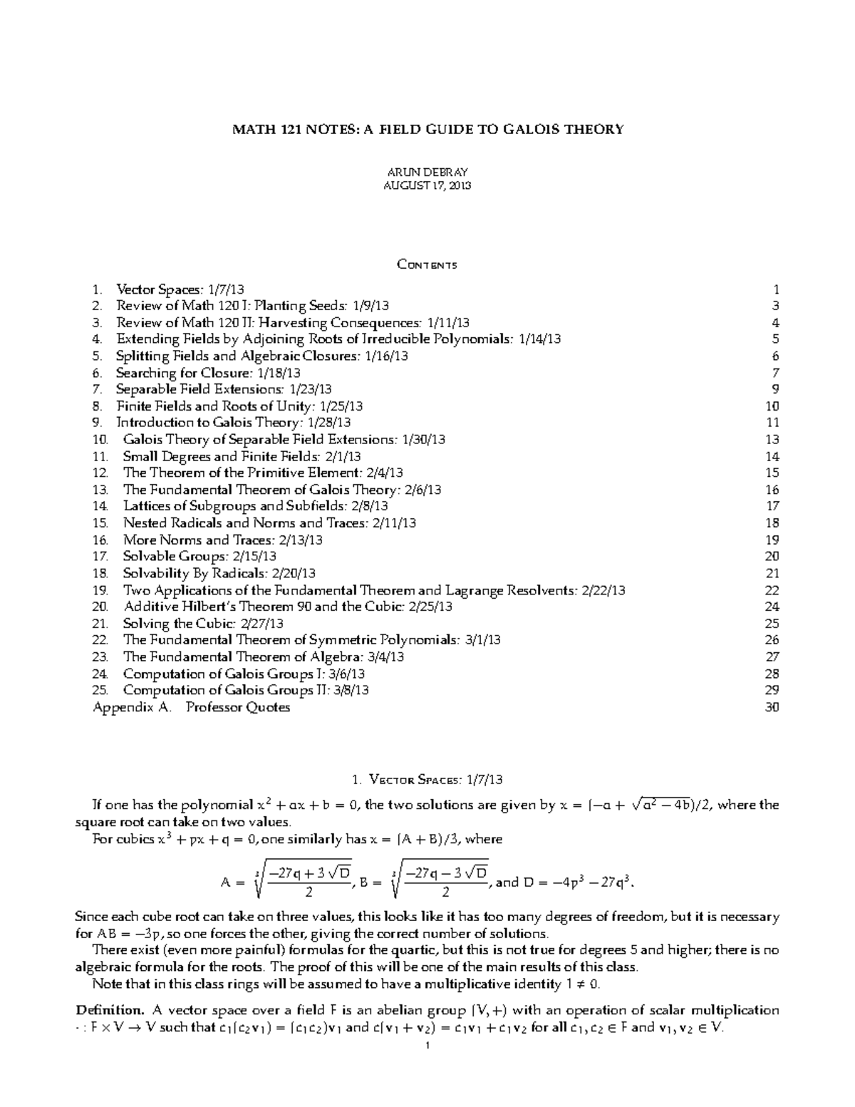 Galois Lect Notes - For practice - MATH 121 NOTES: A FIELD GUIDE TO ...