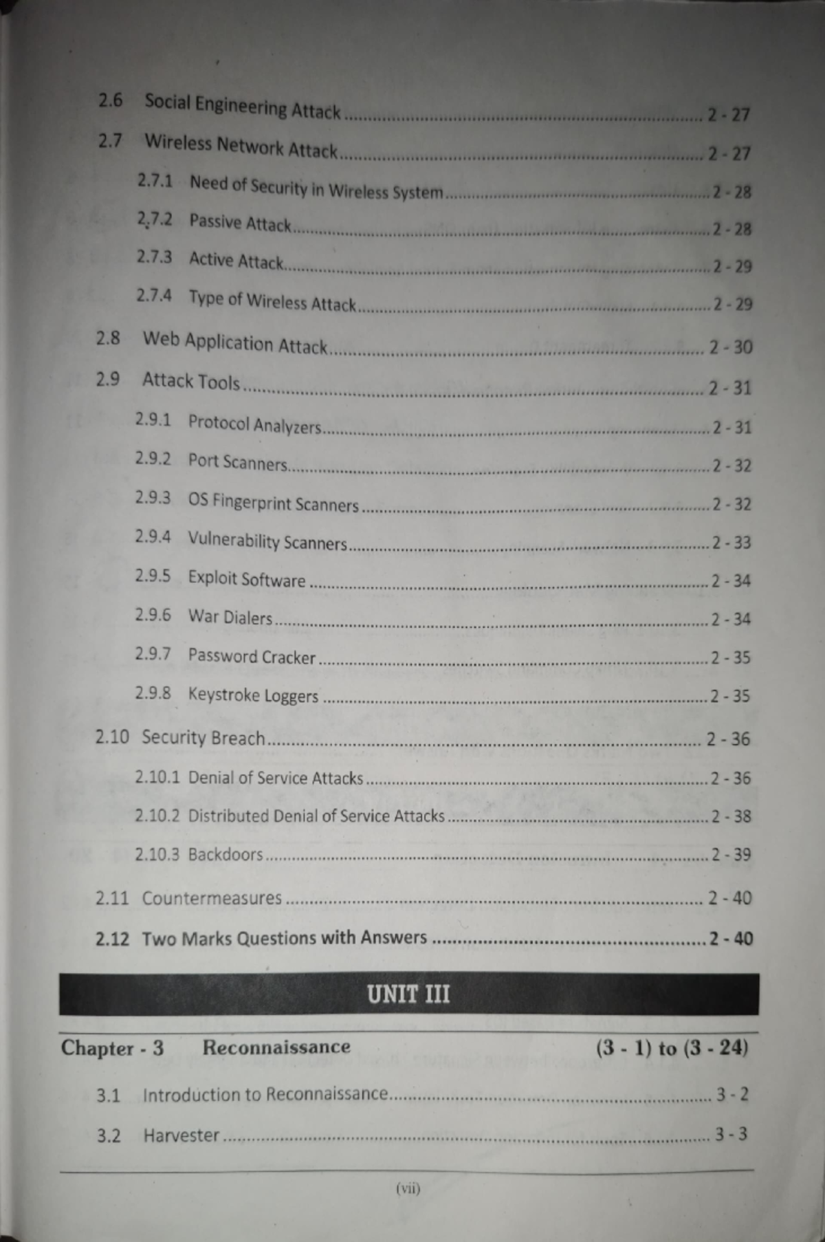 Cs unit-3 - 2 Social Engineering Attack 2 27 2 Wireless Network Attack 2 27 2.7 Need of Security ...