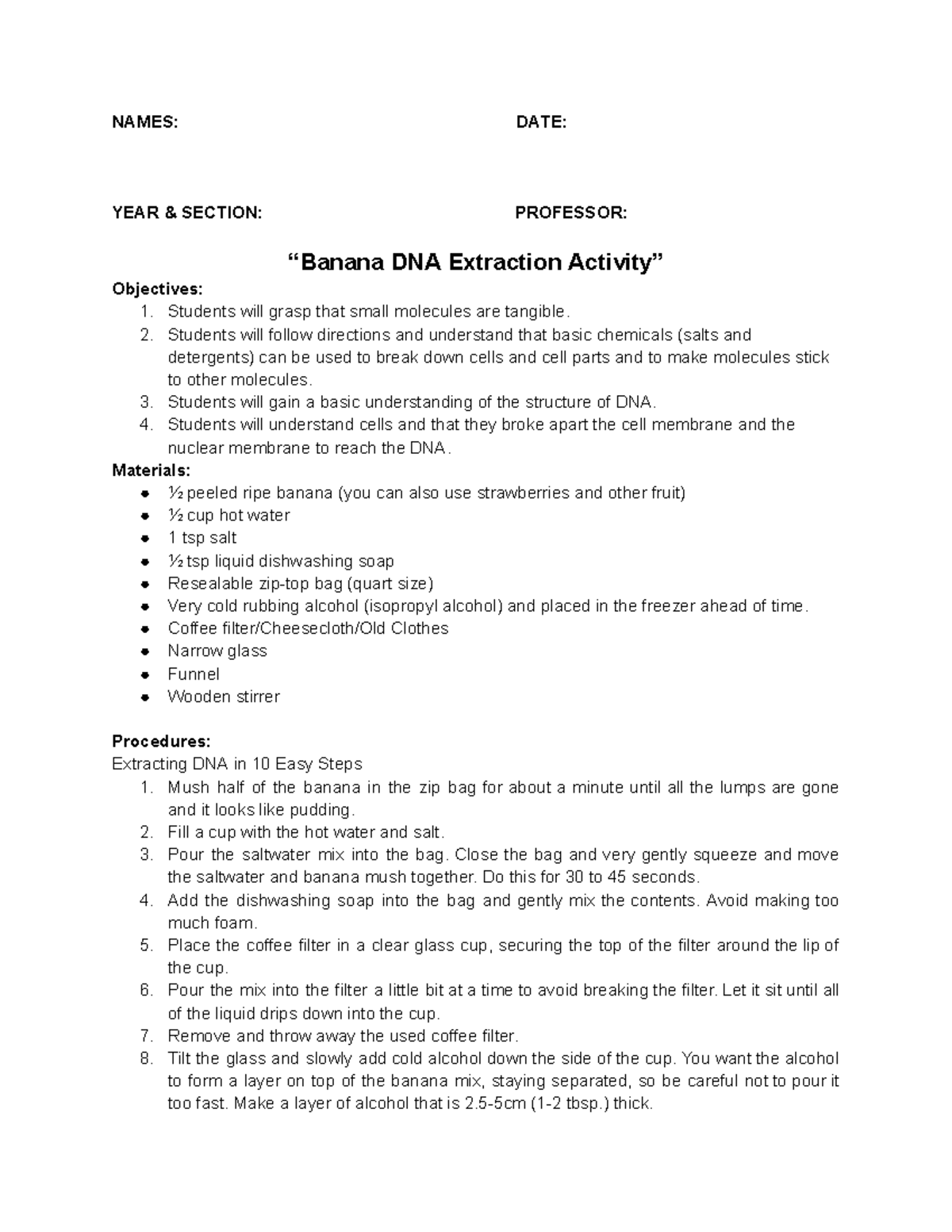 “Banana DNA Extraction Activity” - NAMES: DATE: YEAR & SECTION ...