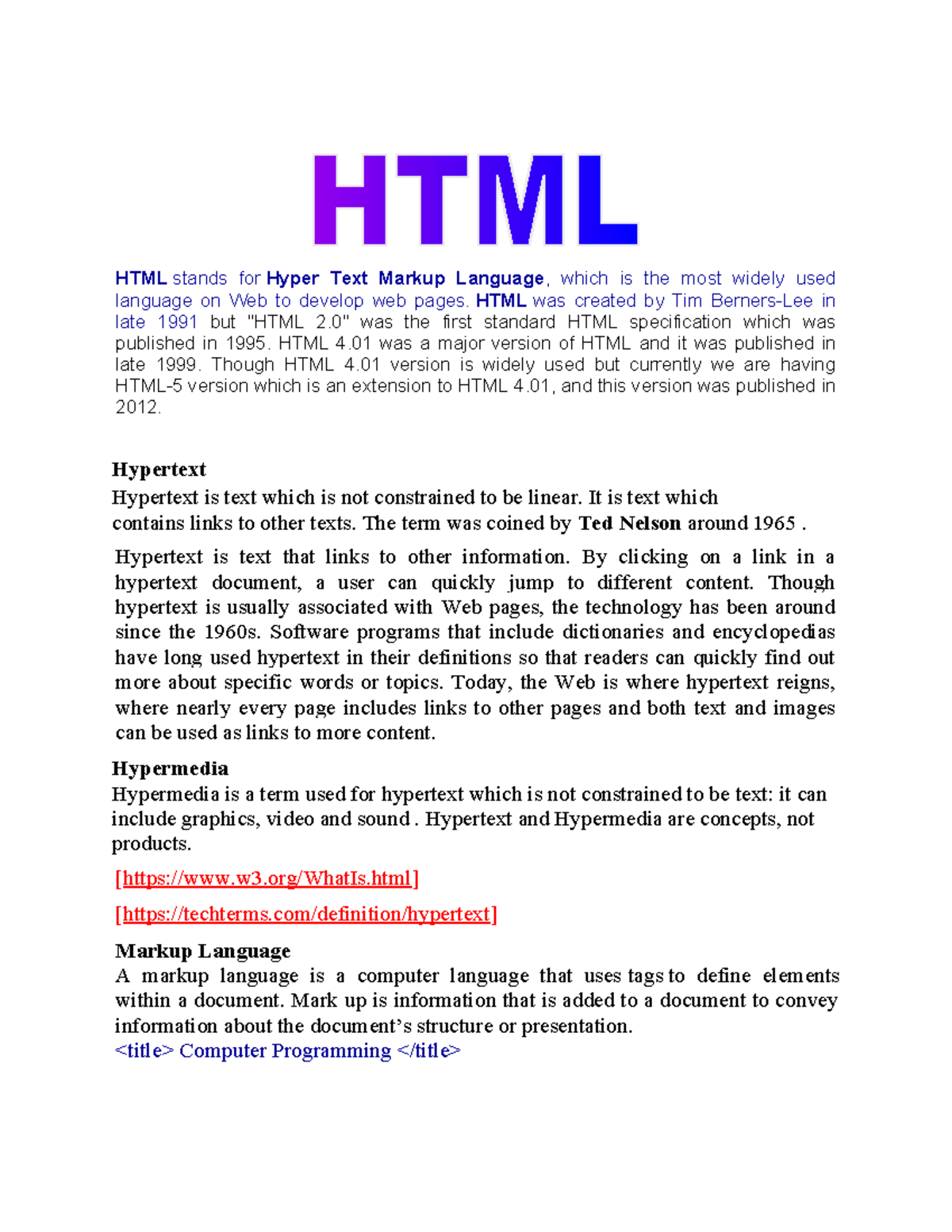 HTML-Introduction -Session 1 - HTML stands for Hyper Text Markup Language, which is the most ...