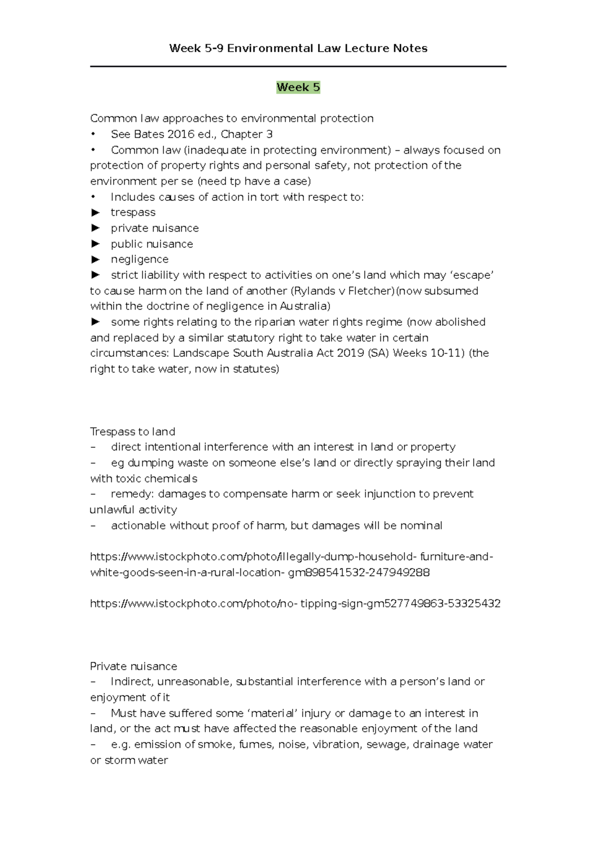 2022 Enviornmental Lecture Notes (week 5-9) - Week 5 Common law ...
