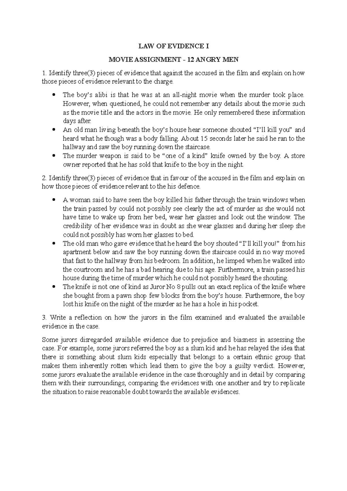12 Angry MEN - Legal Review - LAW OF EVIDENCE I MOVIE ASSIGNMENT - 12 ...