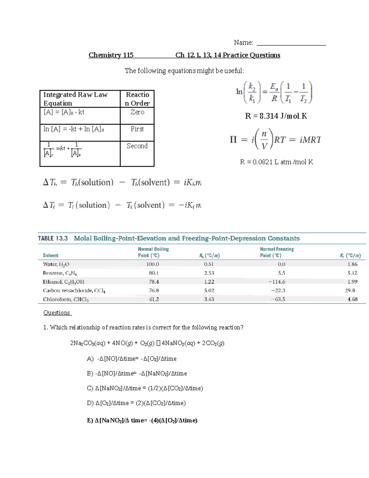 CHM 115 Ch 12Quiz - Name: ___________________ Chemistry 115 Ch 12, 13 ...