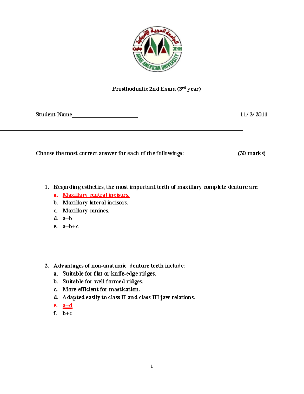 2nd exam - Pathology - Prosthodontic 2nd Exam (3rd year) Student Name