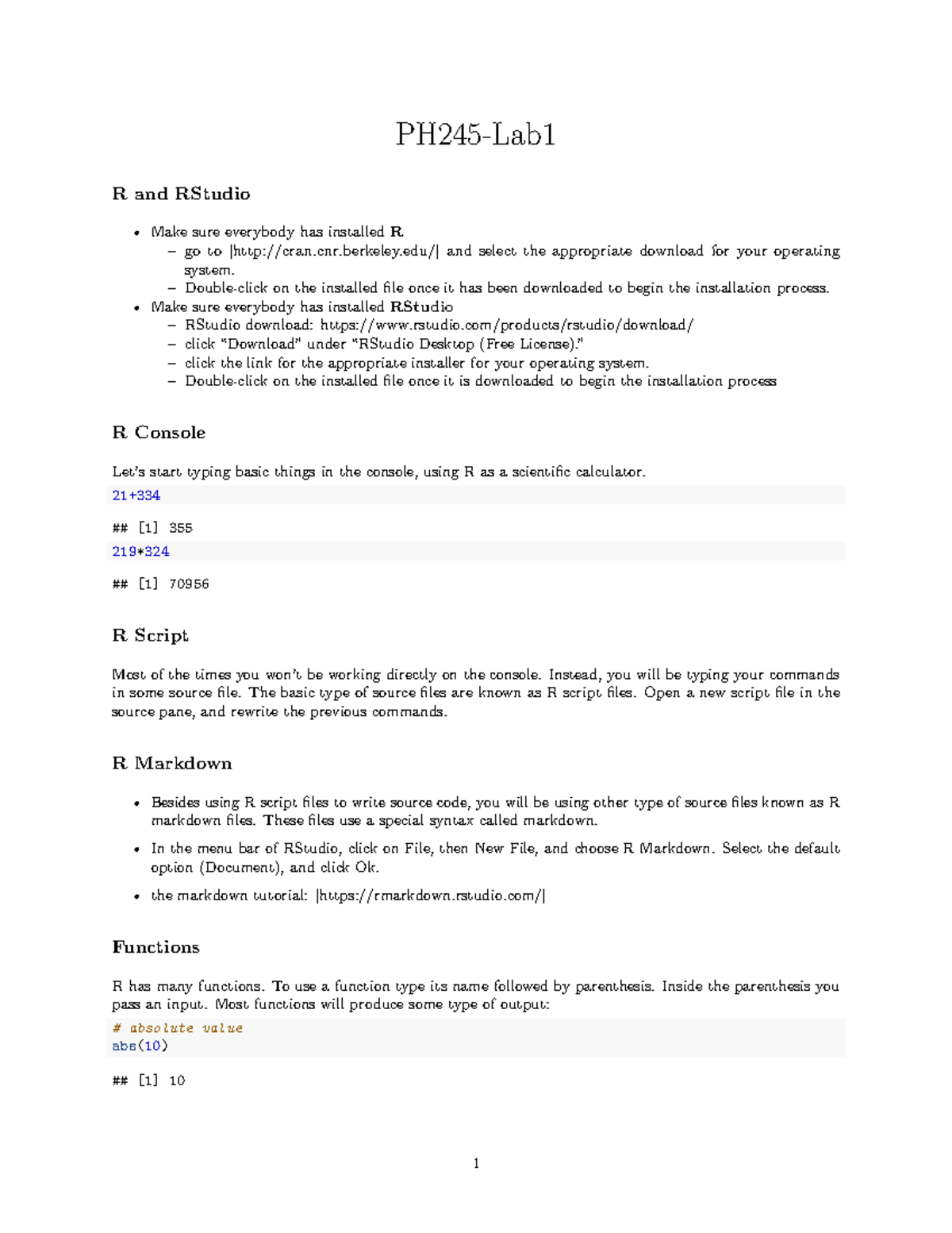 PH245-Lab1 - PH245-Lab R and RStudio Make sure everybody has installedR ...