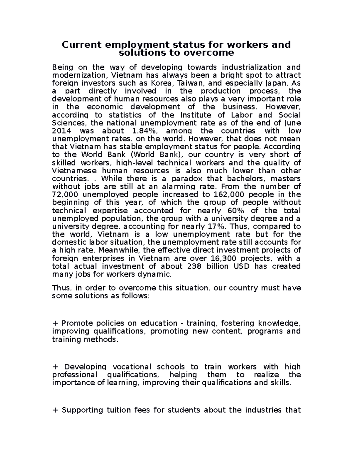 Current employment status for workers and solutions to overcome - As a ...