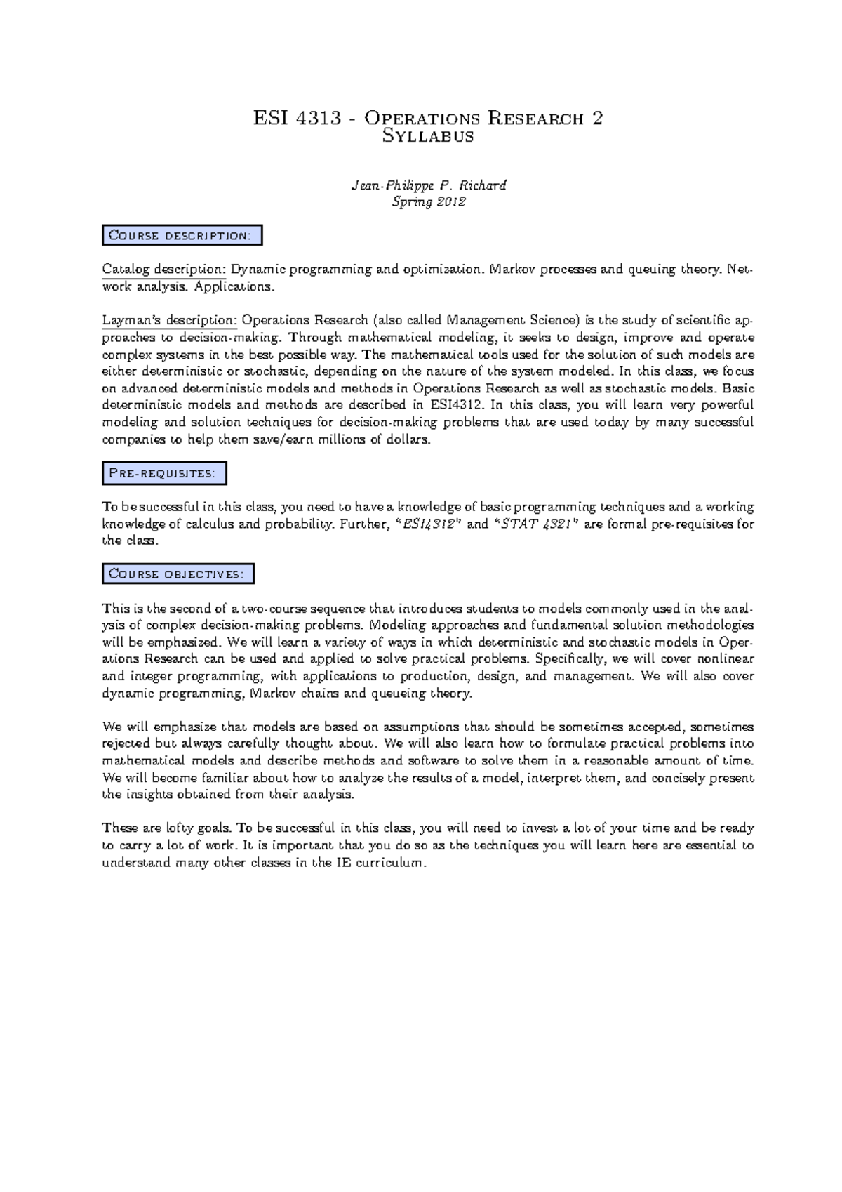 RESEARC UNDERGRAD SYLLABUS - ESI 4313 - Operations Research 2 Syllabus ...