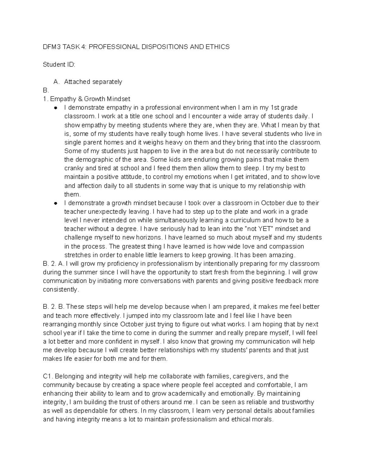 DFM3 TASK 4 Professional Dispositions AND Ethics - DFM3 TASK 4 ...