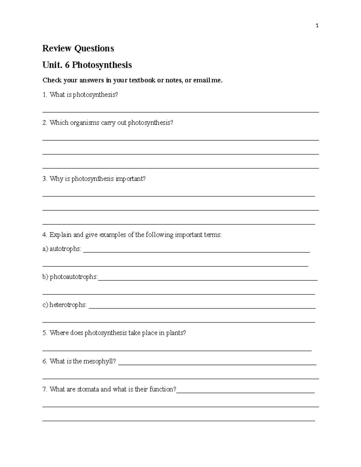 Unit 6 Review Questions - Review Questions Unit. 6 Photosynthesis Check ...