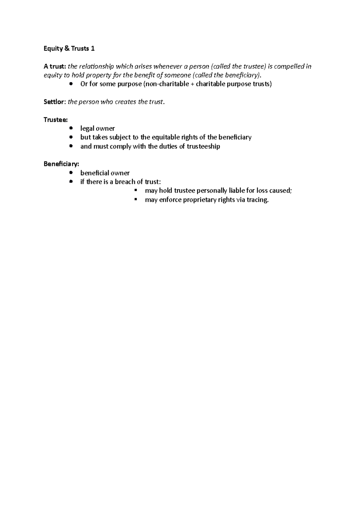 Equity Lecture notes - Equity & Trusts 1 A trust: the relationship ...