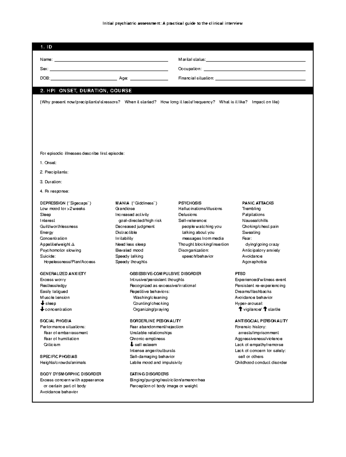 Psych Assessform - study tool - 1. ID 2. HPI ONSET, DURATION, COURSE ...
