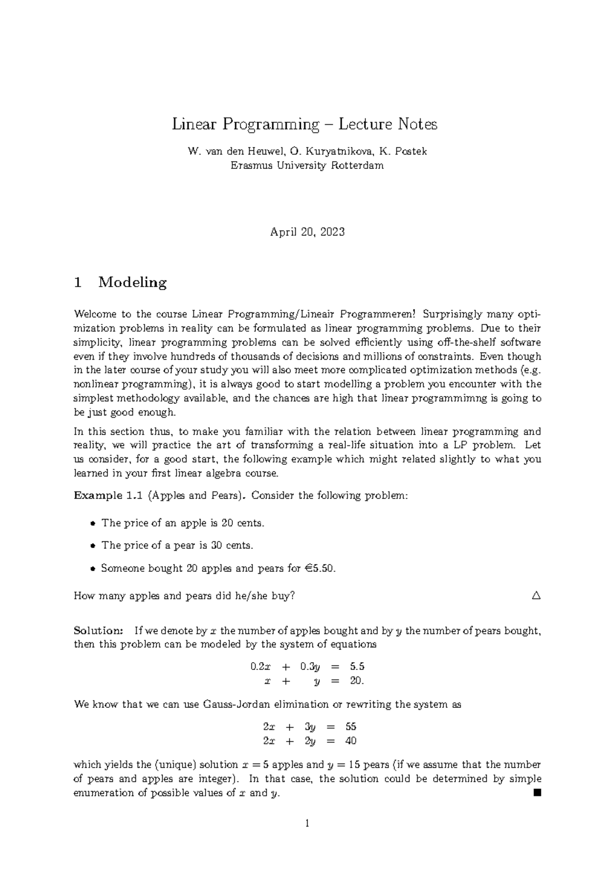 LP handounds full - Full set of handouts summarizing the whole course - Linear Programming ...